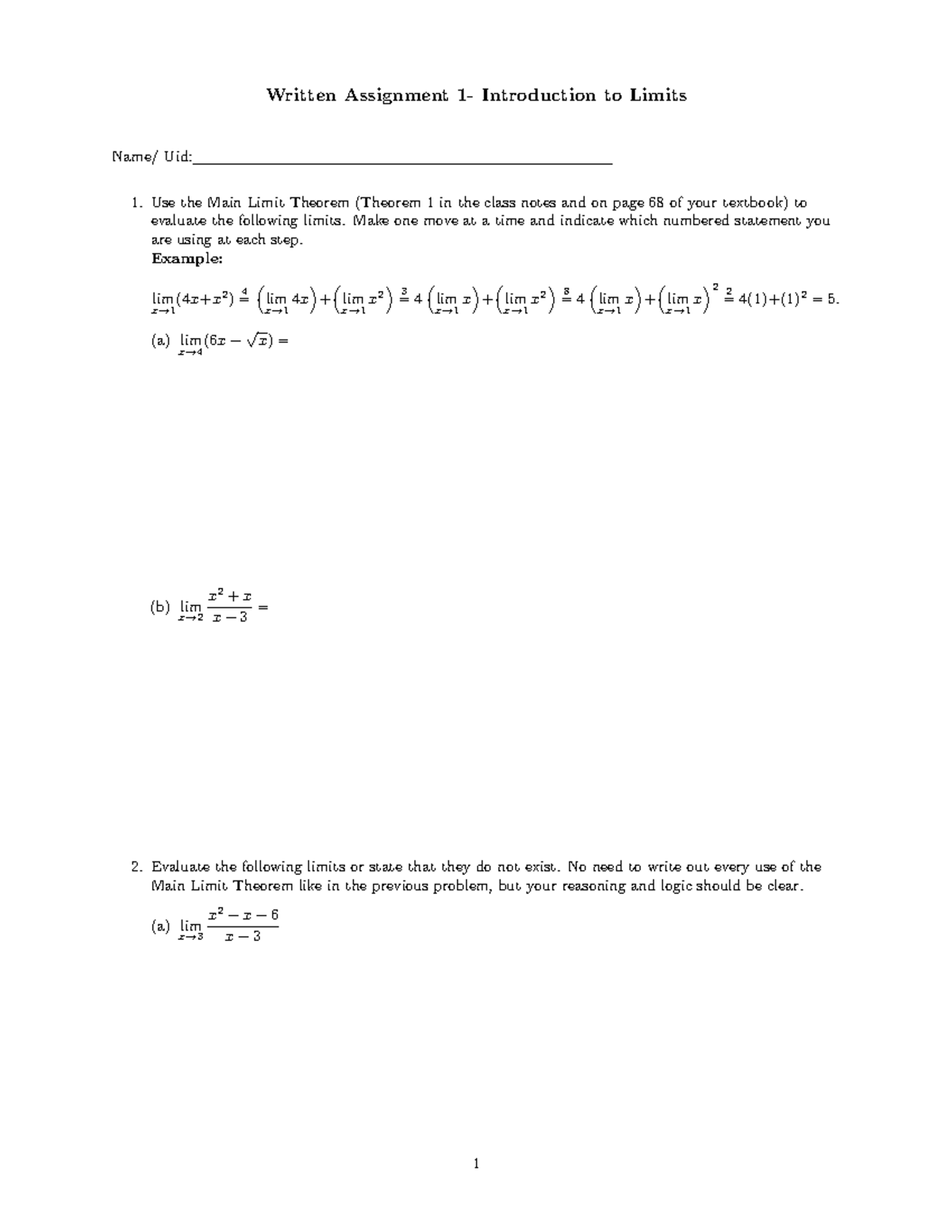 Written 1 - Practice 1 - Written Assignment 1- Introduction to Limits Name/ Uid: Use the Main ...