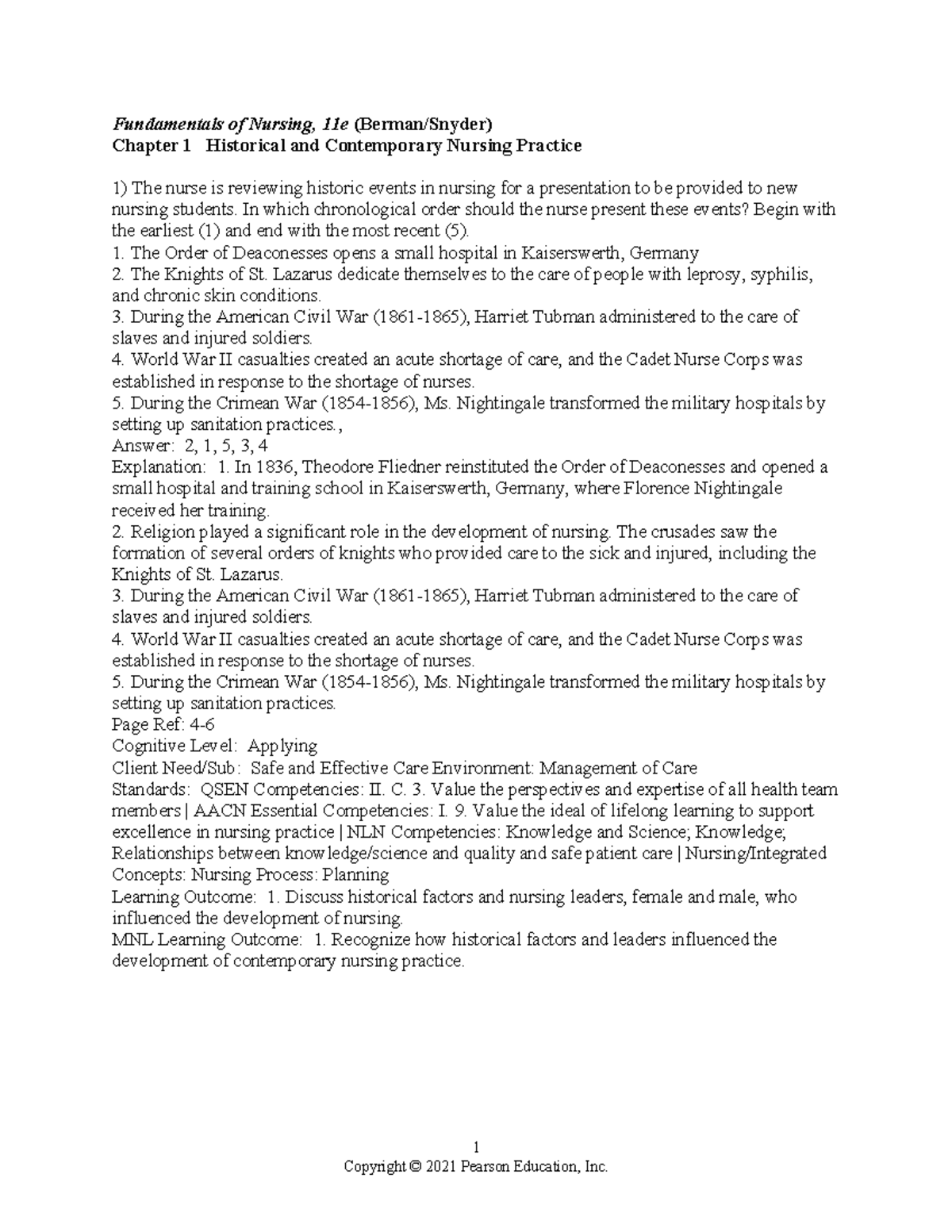 Chapter 1 Historical and Contemporary Nursing Practice - Fundamentals of Nursing, 11e - Studocu