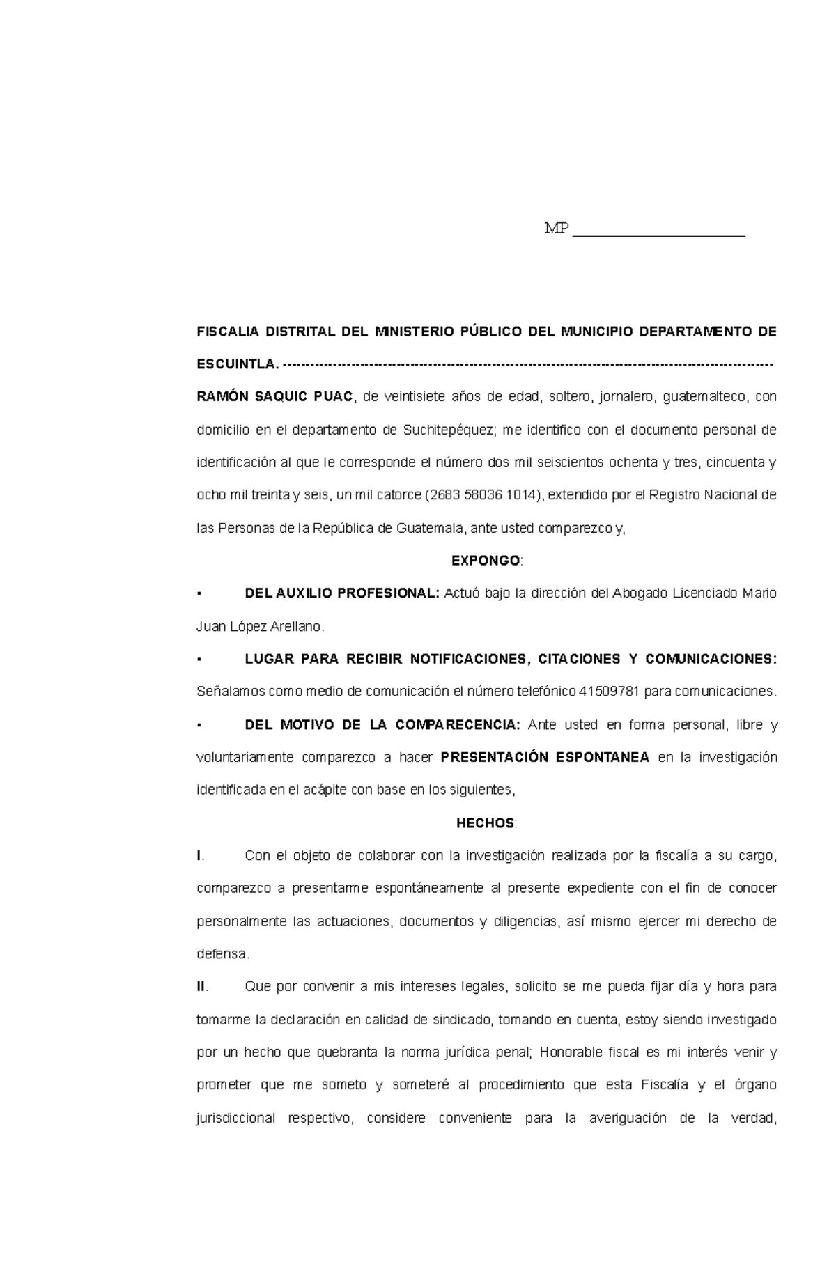 Presentación Espontanea Ramón - MP _____________________ FISCALIA ...