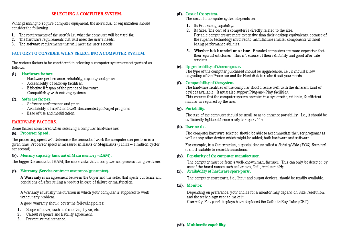 Criteria FOR Selecting Computer System - SELECTING A COMPUTER SYSTEM. When planning to acquire ...