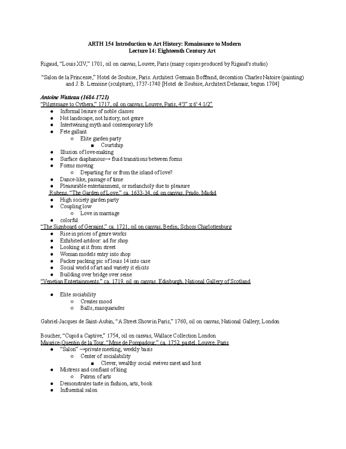 Lecture 14 Notes - ARTH 154 Introduction to Art History: Renaissance to ...