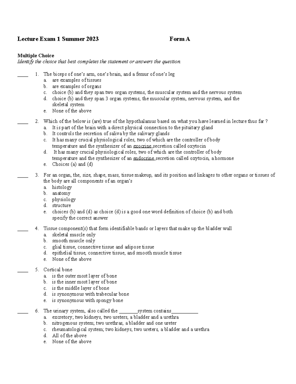 Lecture Exam 1ASummer 2023 with answer key - Lecture Exam 1 Summer 2023 ...