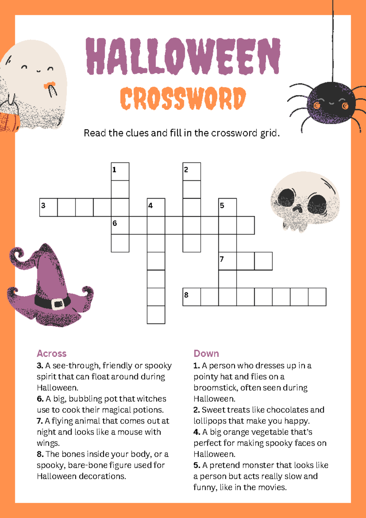 Halloween Crossword Puzzle Worksheet in Purple Orange Spooky Style - 3 ...