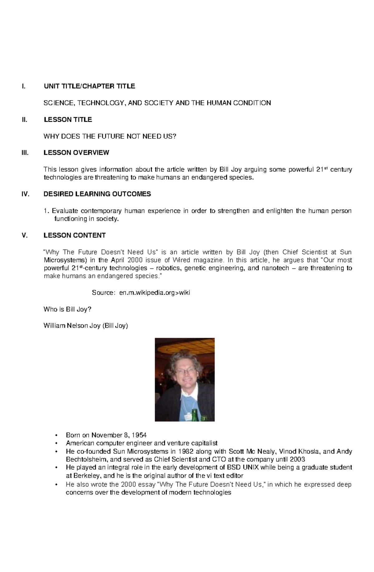 Science, Technology and Society Lesson 10 - I. UNIT TITLE/CHAPTER TITLE ...