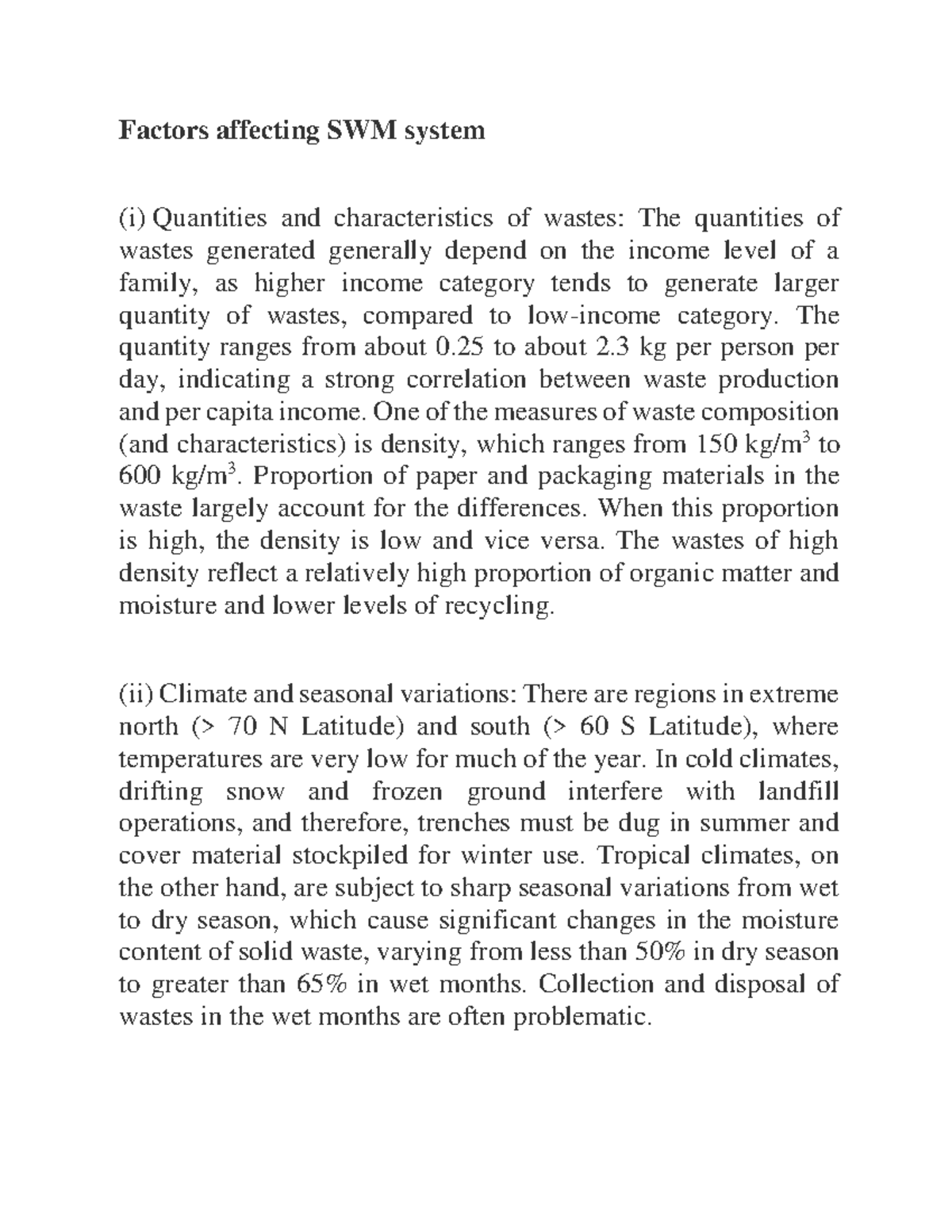 Factors affecting SWM system - The quantity ranges from about 0 to ...