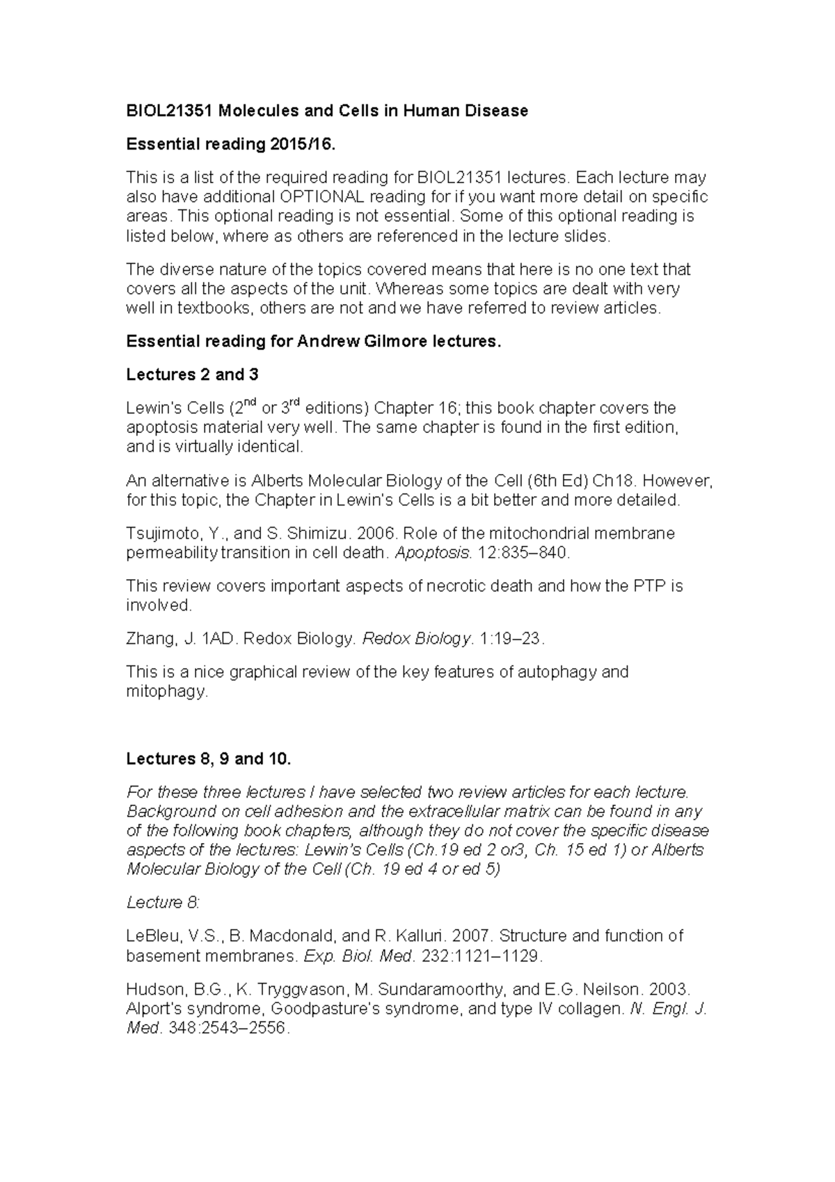 Lecture Notes Lectures 1 22 Essential Reading List For The Entire