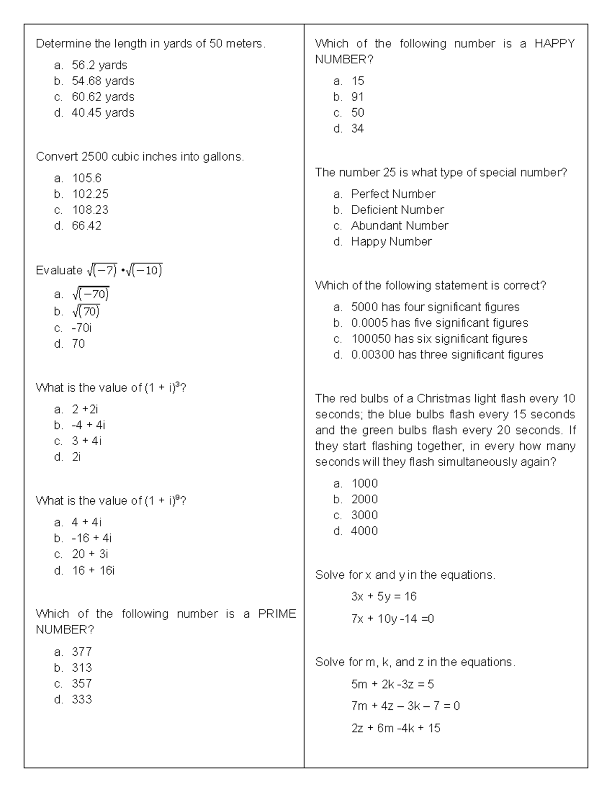 Algebra 1 - ...... - Determine the length in yards of 50 meters. a. 56 ...