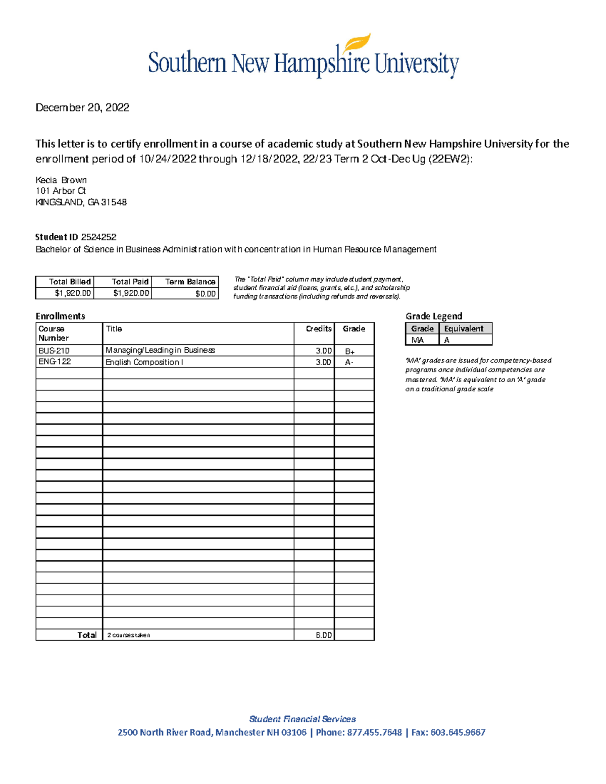 SNHU TERM1 - ENG COMP - This letter is to certify enrollment in a ...