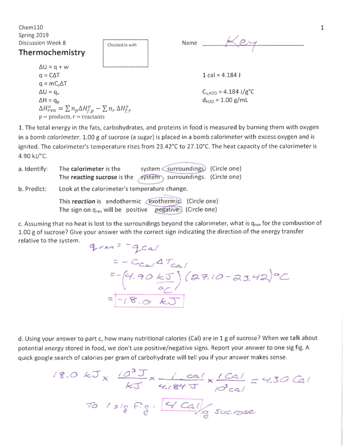 Thermo Chem Practice-Answer Key - Chem110 1 Spring 2019 Discussion Week ...