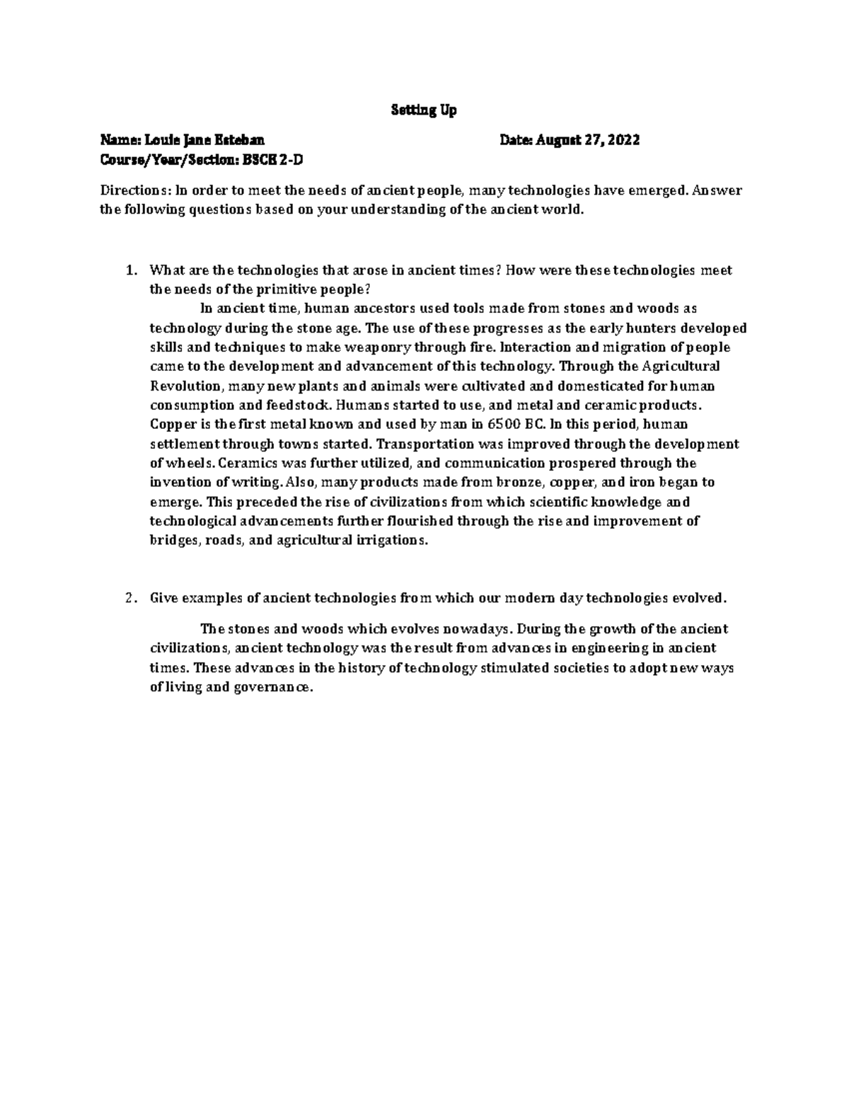 STS UNIT 1 - Activity/ essay - Setting Up Name: Louie Jane Esteban Date ...