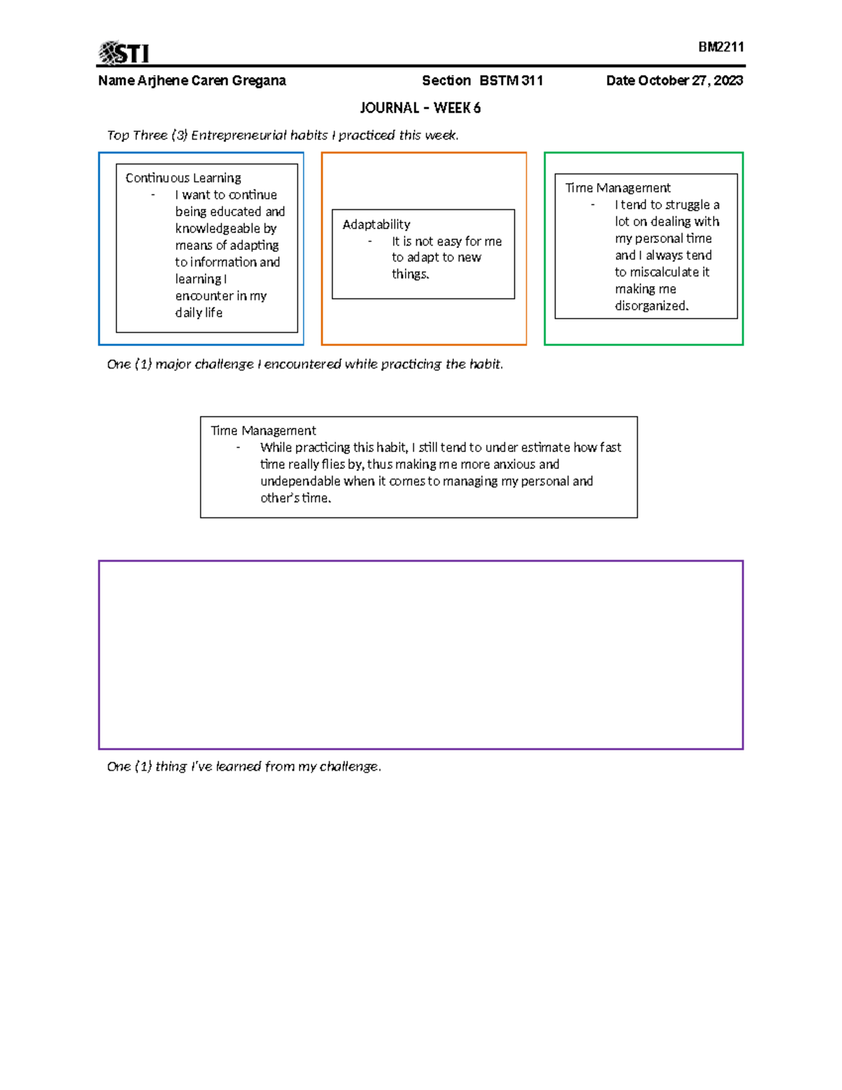 10 Journal 1 - wiwiwiwiw - Name Arjhene Caren Gregana Section BSTM 311 ...