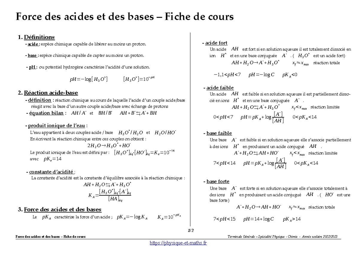 Equilibre acide base fiche cours - Force des acides et des bases ...