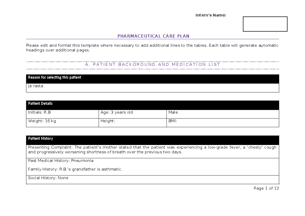 Peds PCP - PCP - PHARMACEUTICAL CARE PLAN Please edit and format this ...