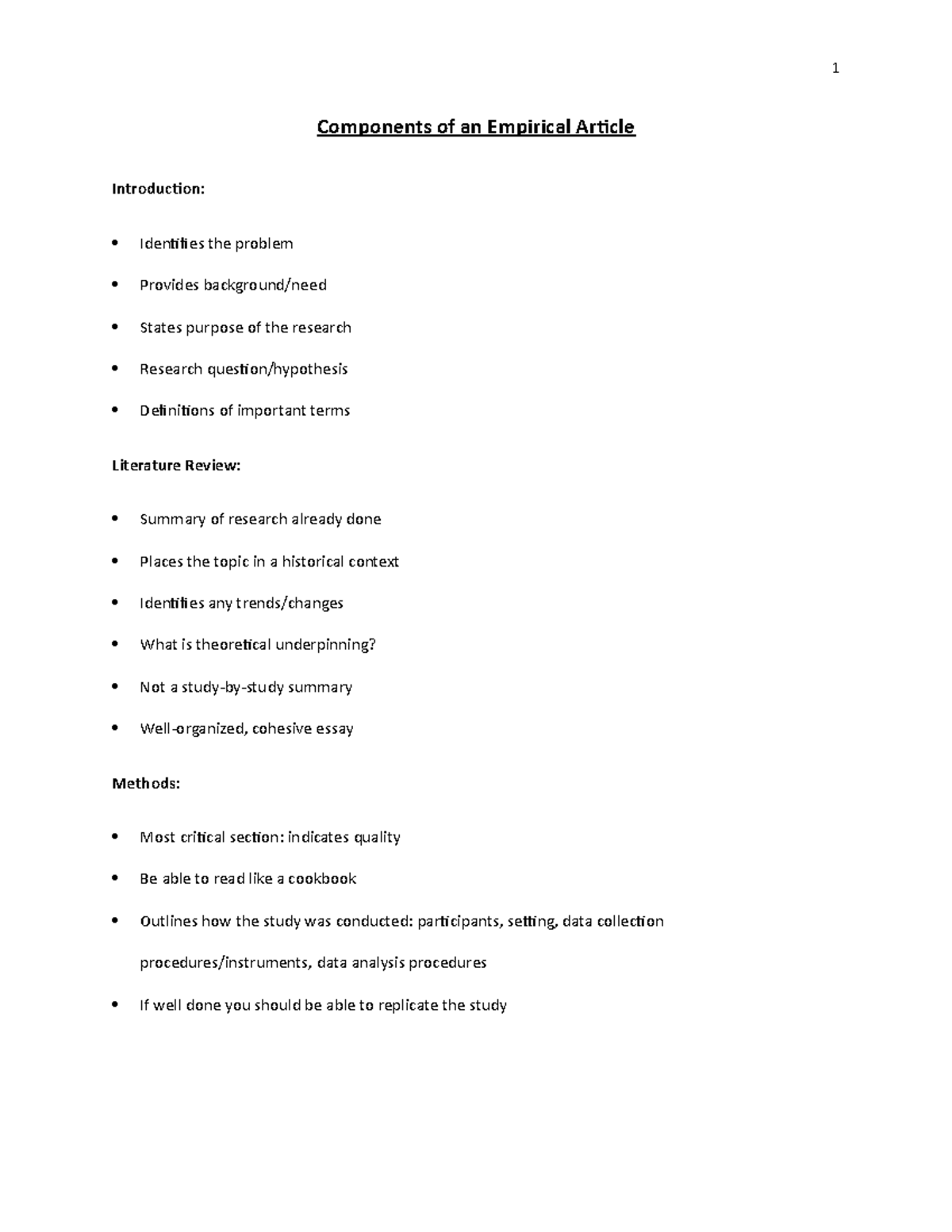 Components Of An Empirical Article 1 Components Of An Empirical