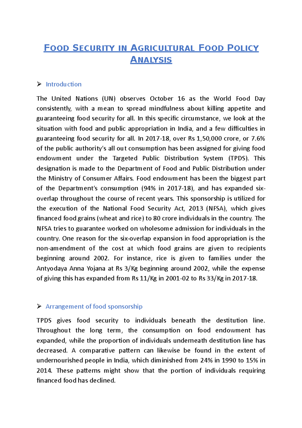 FOOD Security IN Agricultural FOOD Policy Analysis - F OOD SECURITY IN ...