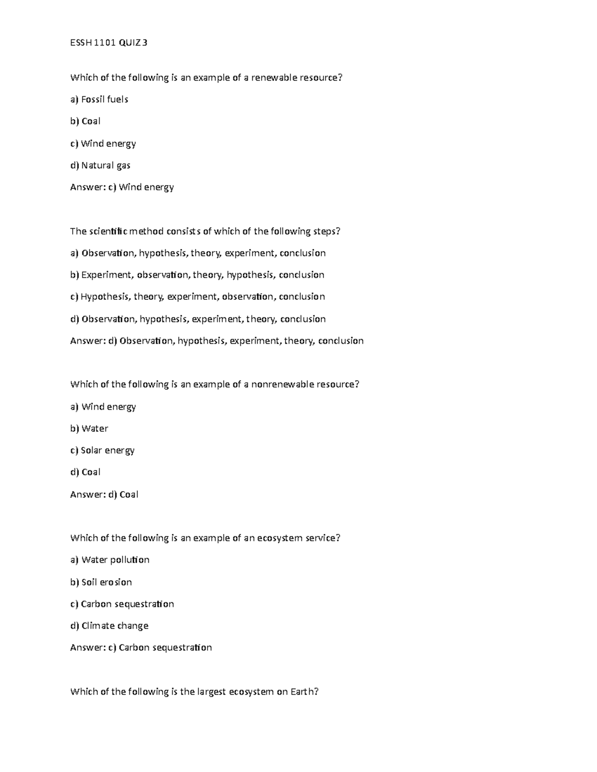 ESSH 1101 QUIZ 3 QA - ESSH 1101 ENVIRONMENTAL SCI QUIZ PRACTICE - ESSH ...