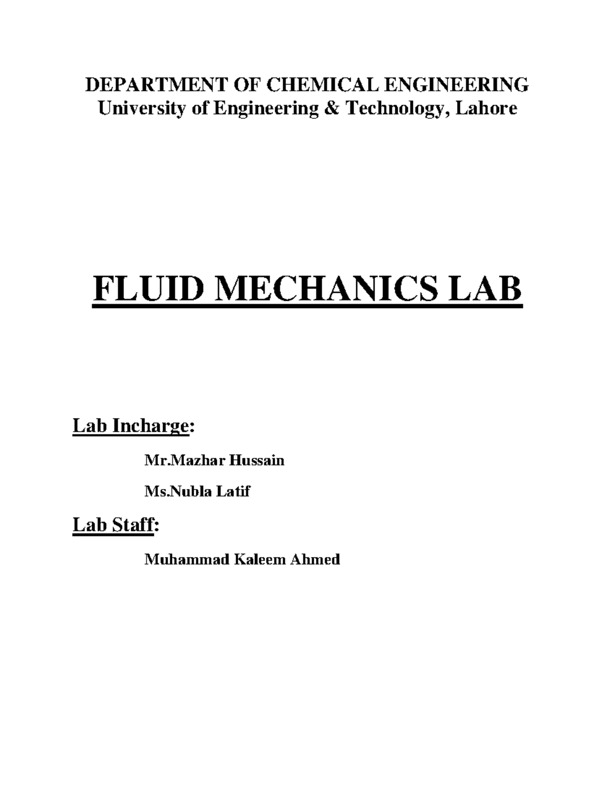 Fluid Mechanics lab mannual - DEPARTMENT OF CHEMICAL ENGINEERING ...