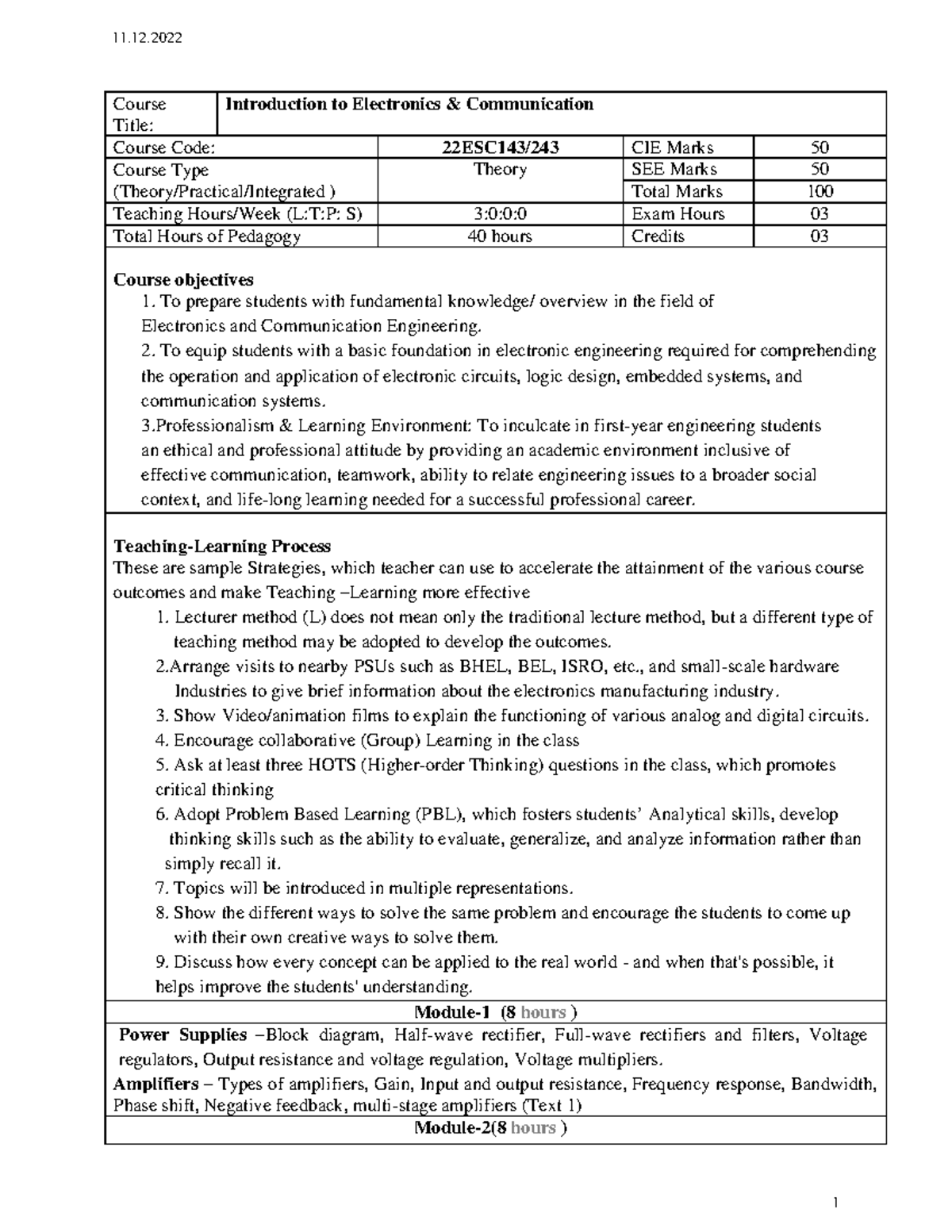 22ESC143 - Course Title: Introduction to Electronics & Communication ...