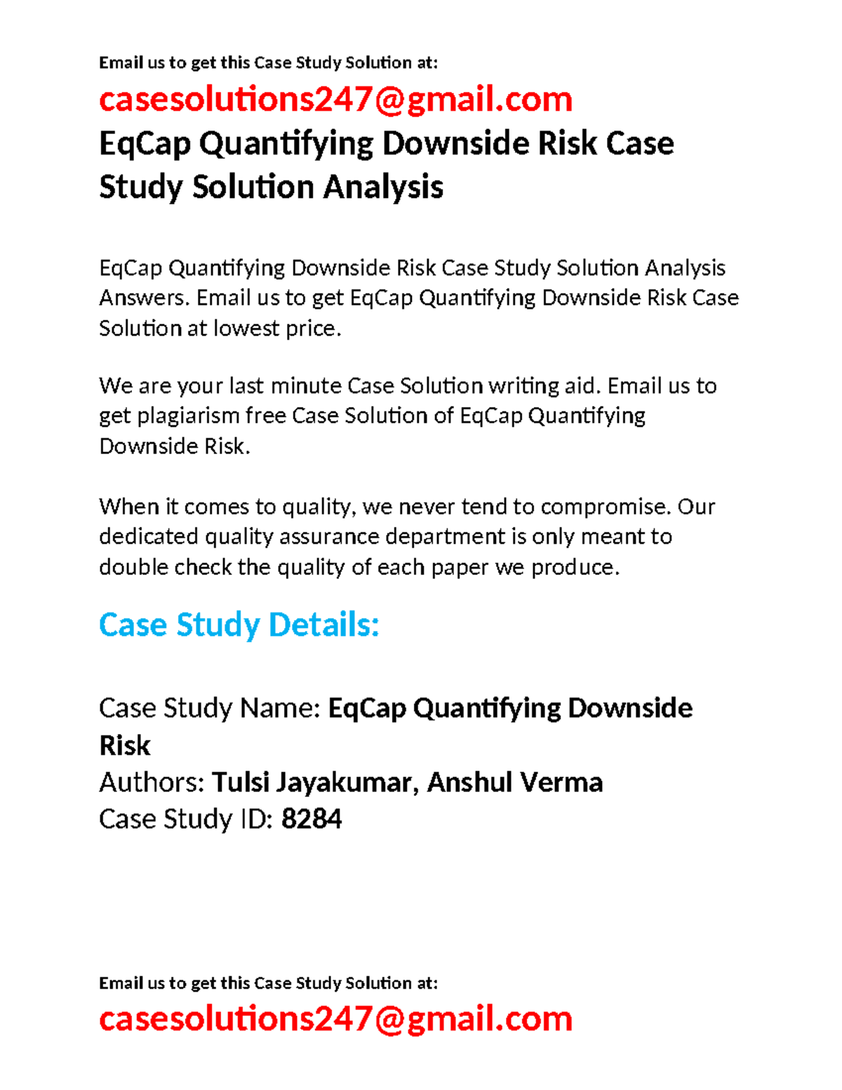 Case Solution EqCap Quantifying Downside Risk - Email us to get this ...