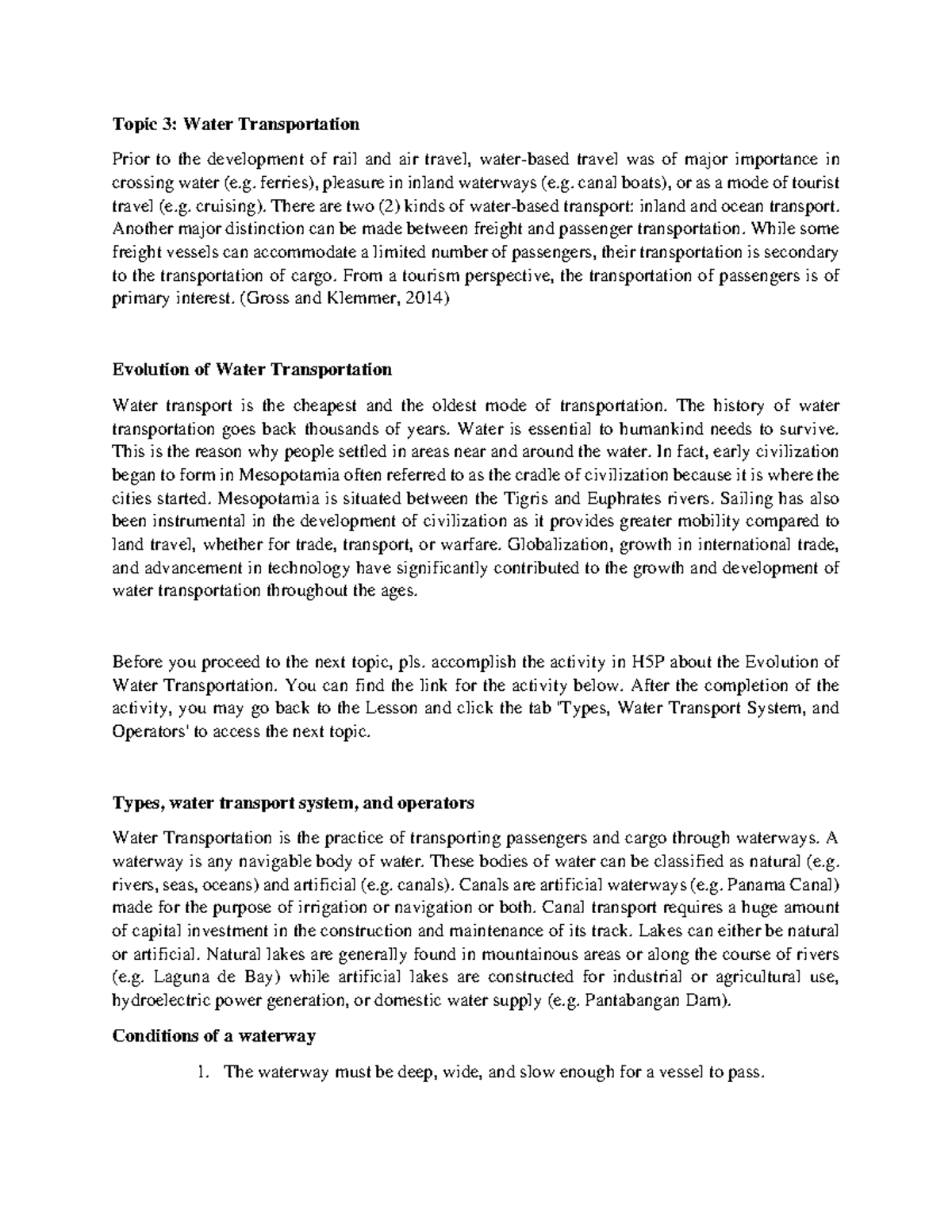 Water Transportation - Topic 3: Water Transportation Prior to the ...