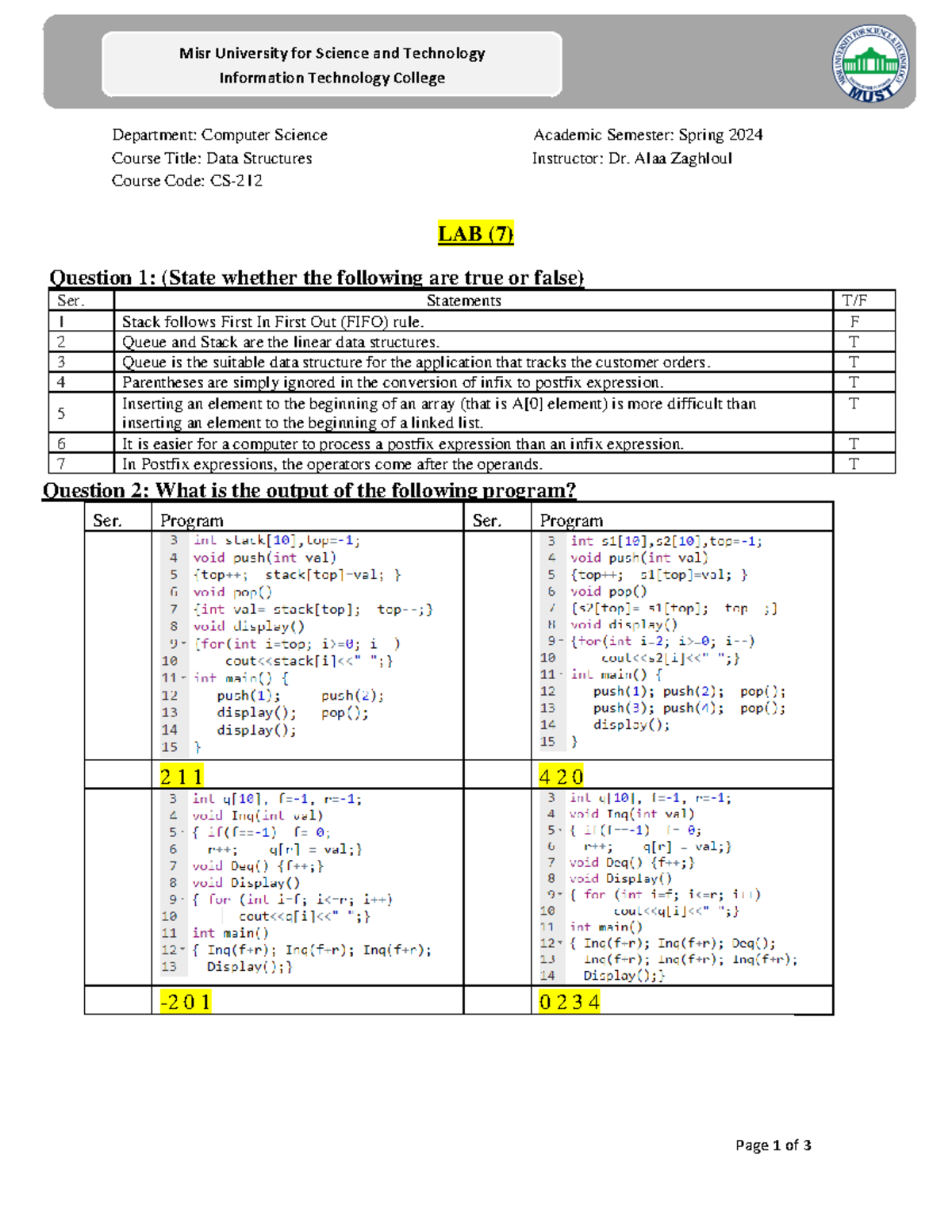 CS-212 Spring 2024 Lab - Jfjfjekekekdk - Page 1 of 3 Misr University for Science and Technology ...