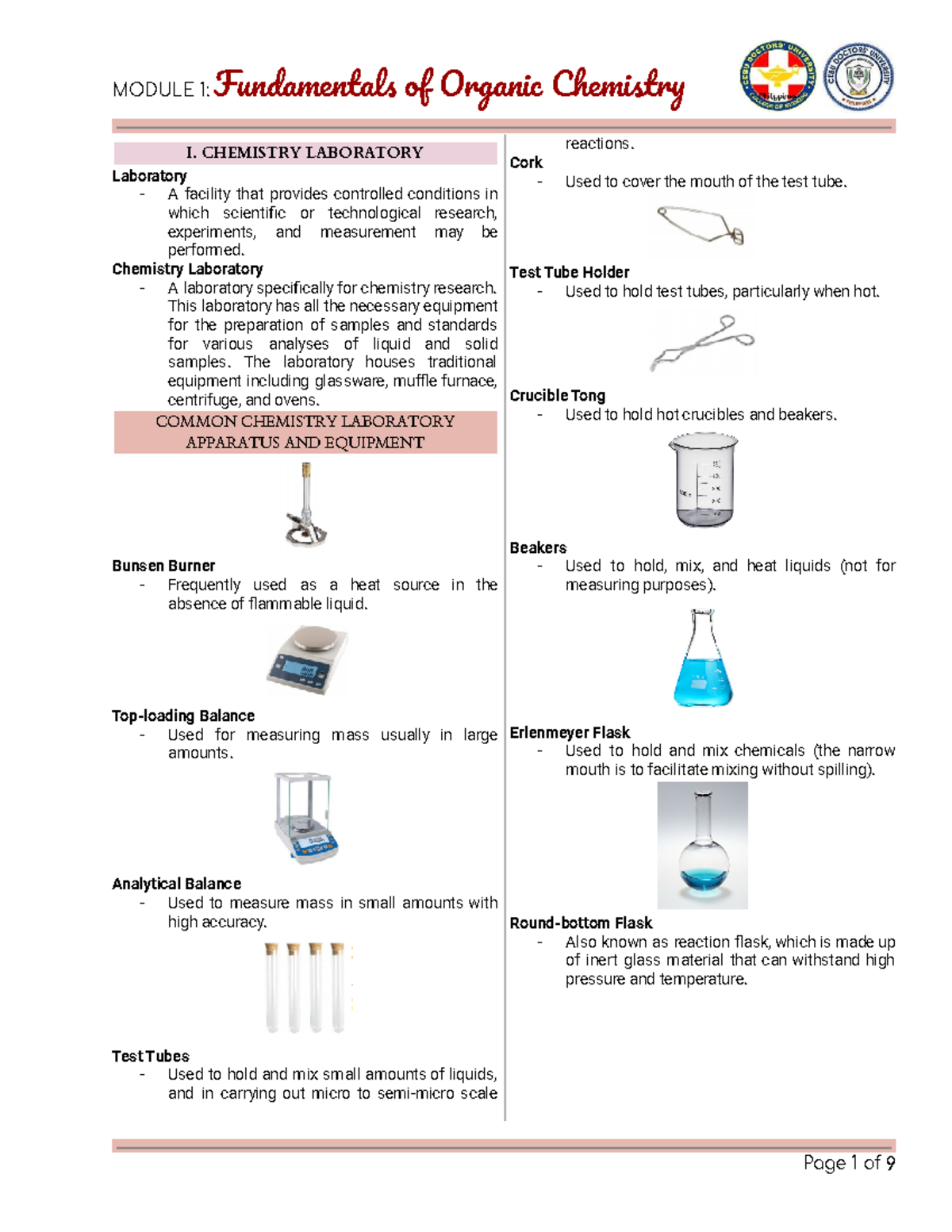 Biochem (1M) - lecture notes - I. CHEMISTRY LABORATORY Laboratory A ...