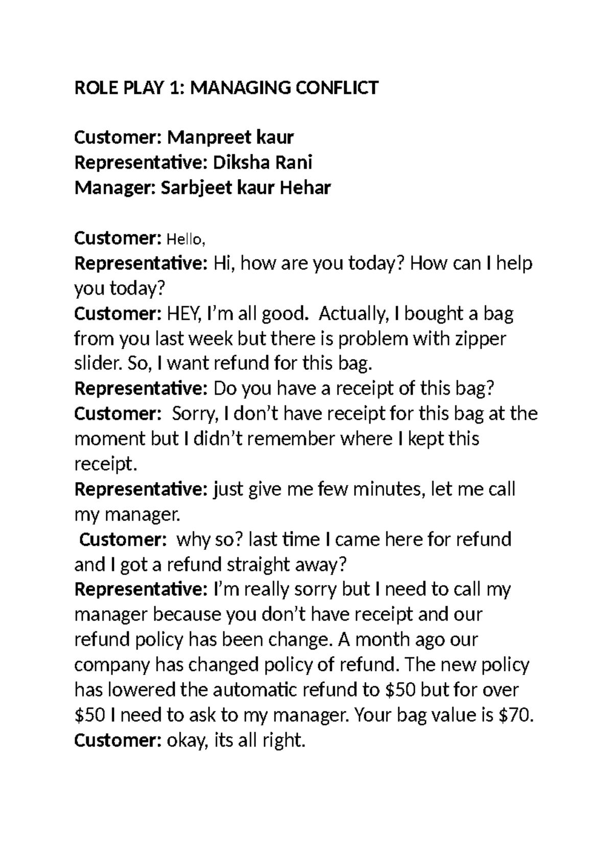 ROLE PLAY 1 manage conflict - ROLE PLAY 1: MANAGING CONFLICT Customer ...