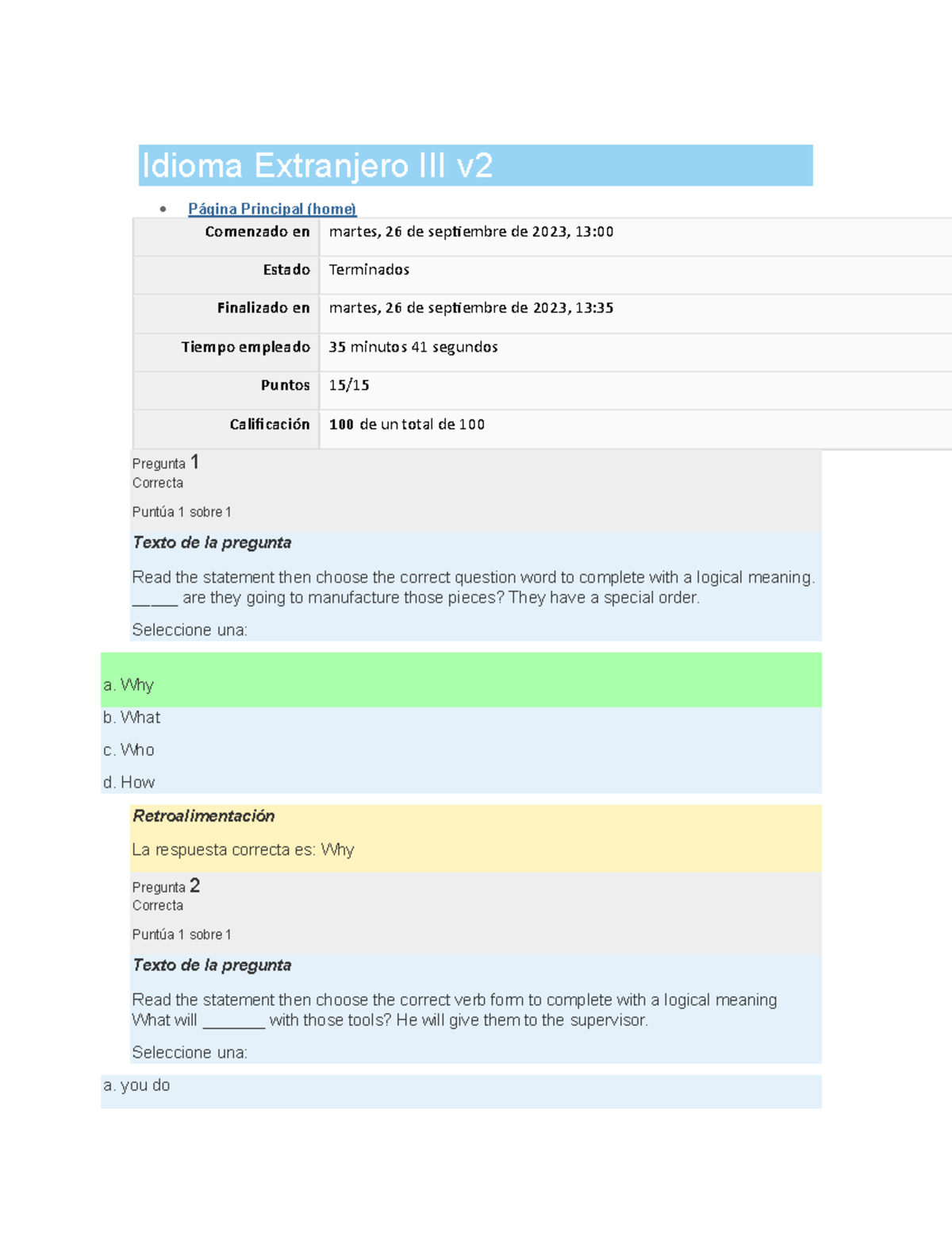 Assignment 1 Questionnaire U1 - Idioma Extranjero III v • Página ...