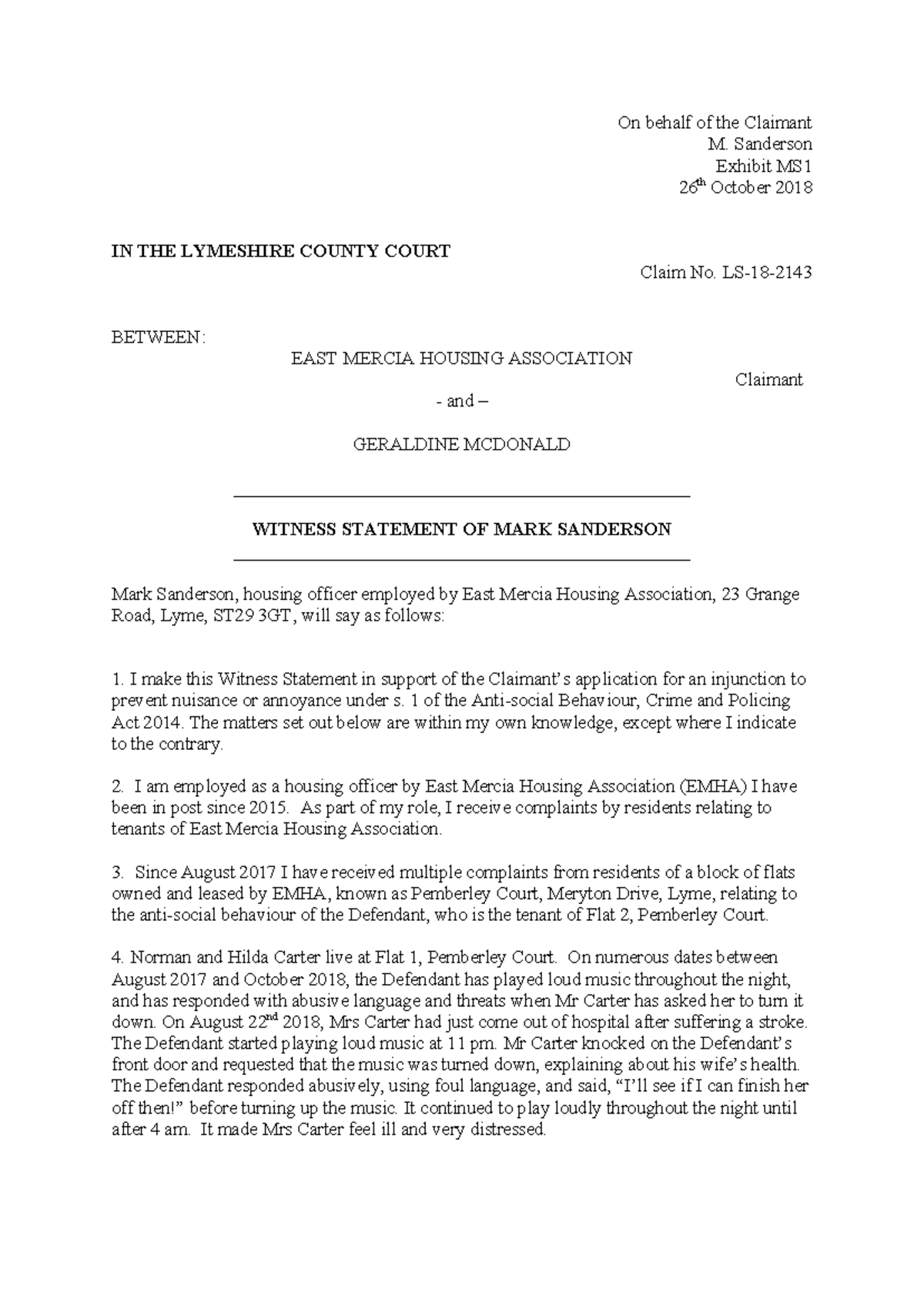 Witness statement for CEA 1995 workshop - On behalf of the Claimant M ...