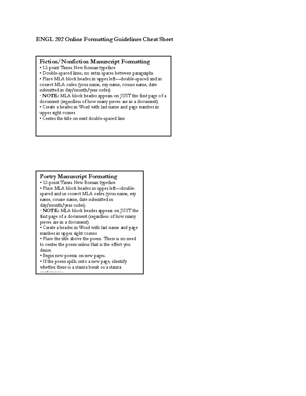 ENGL202Online Formatting Guidelines Cheat Sheet - Fiction/Nonfiction ...