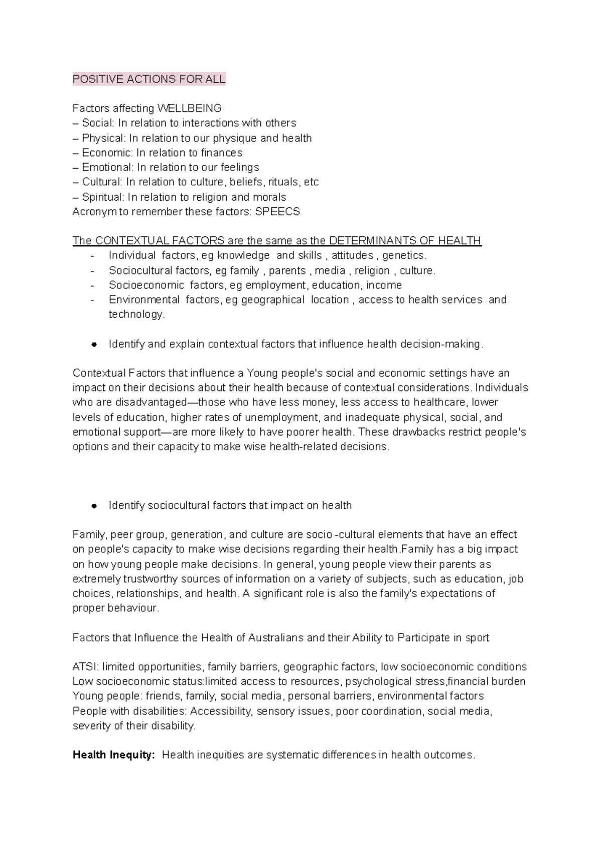 Pdhpe End of Year Exam Notes - POSITIVE ACTIONS FOR ALL Factors ...