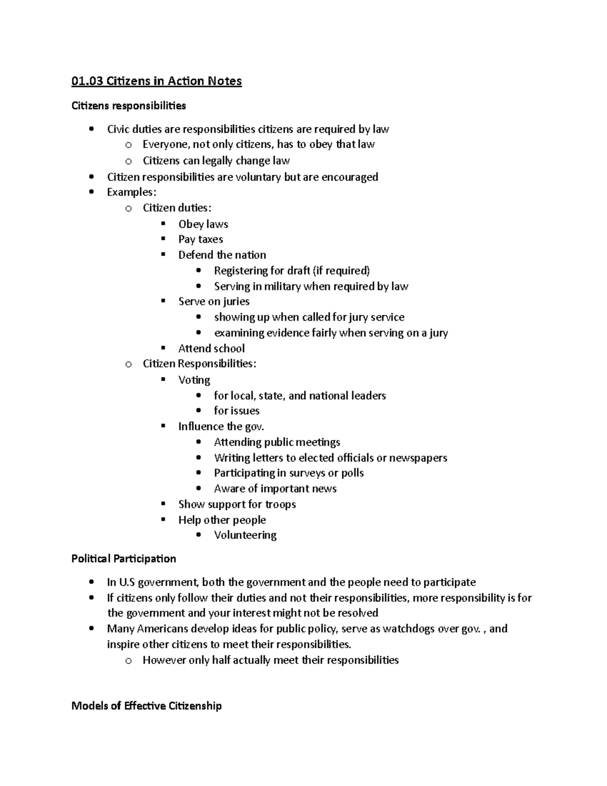 US GOV Unit 1 - notes on unit 1 - 01 Citizens in Action Notes Citizens ...