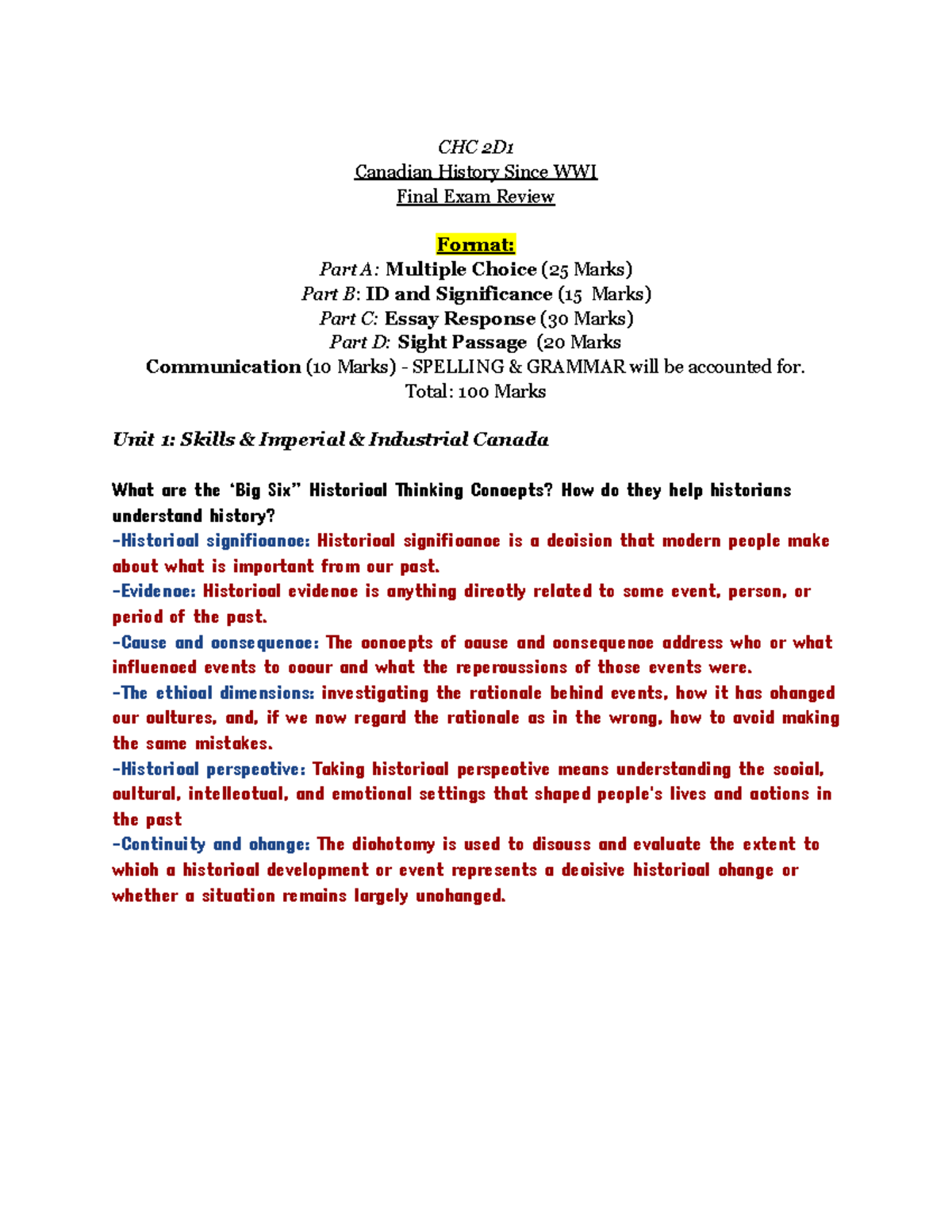 final history exam review unit 1 - CHC 2D Canadian History Since WWI ...