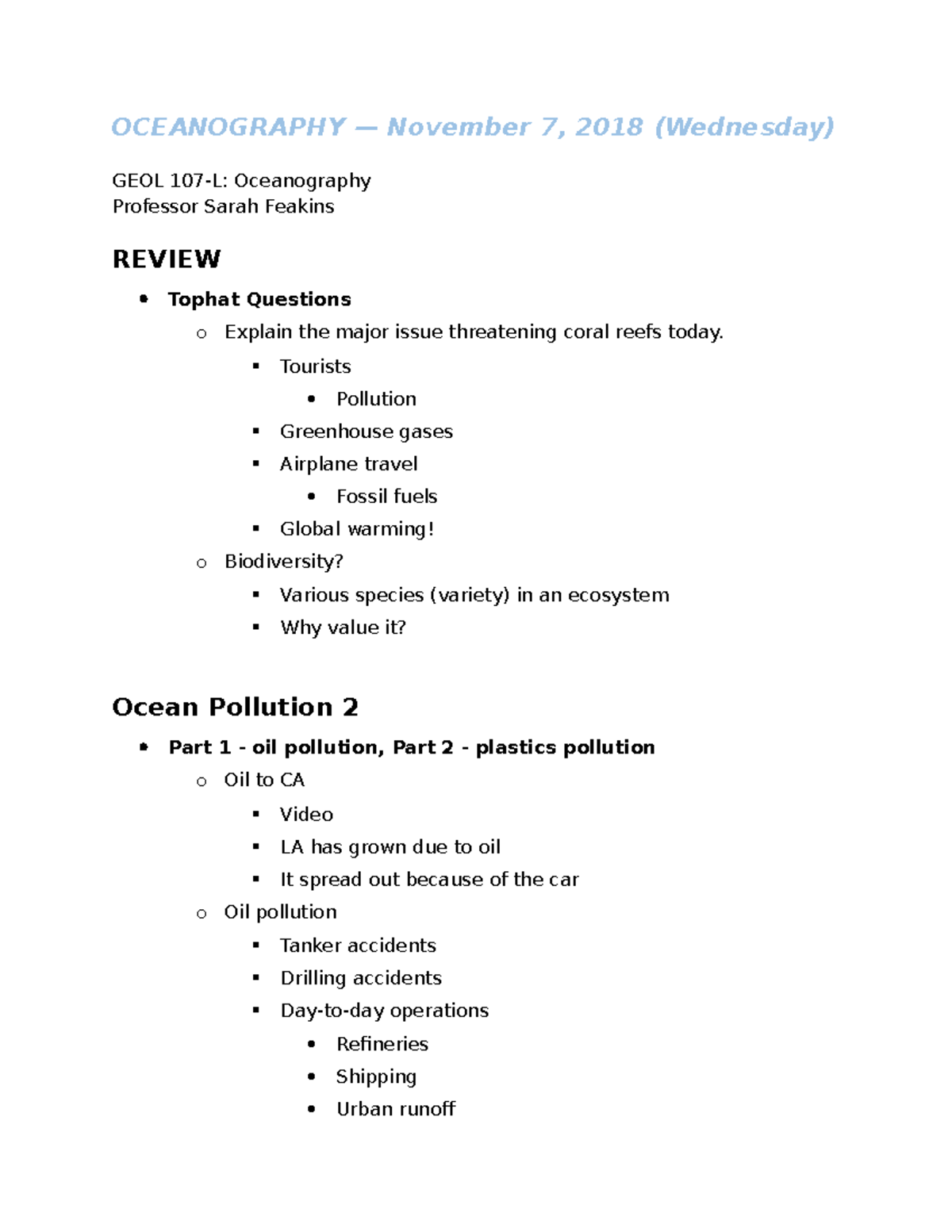 GEOL 107 11.7.18 - OCEANOGRAPHY — November 7, 2018 (Wednesday) GEOL 107-L: Oceanography ...
