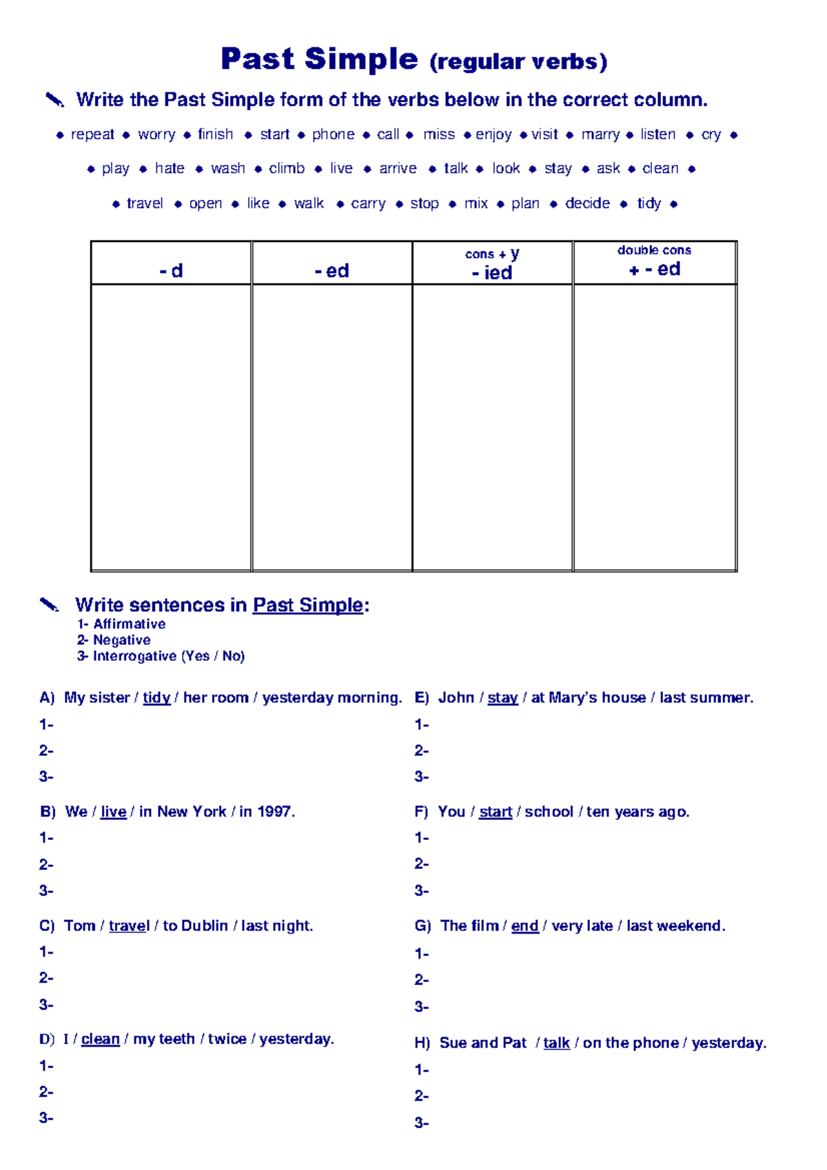 Past simple - regular - Past Simple (regular verbs) Write the Past ...