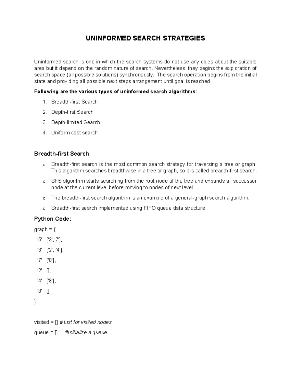 Uniformed Search - UNINFORMED SEARCH STRATEGIES Uninformed search is ...