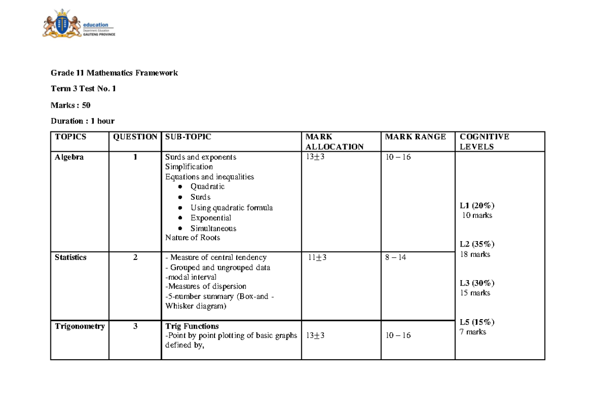 Grade 11 Test 1 - T3 Maths Framework - Grade 1 1 Mathematics Framework ...