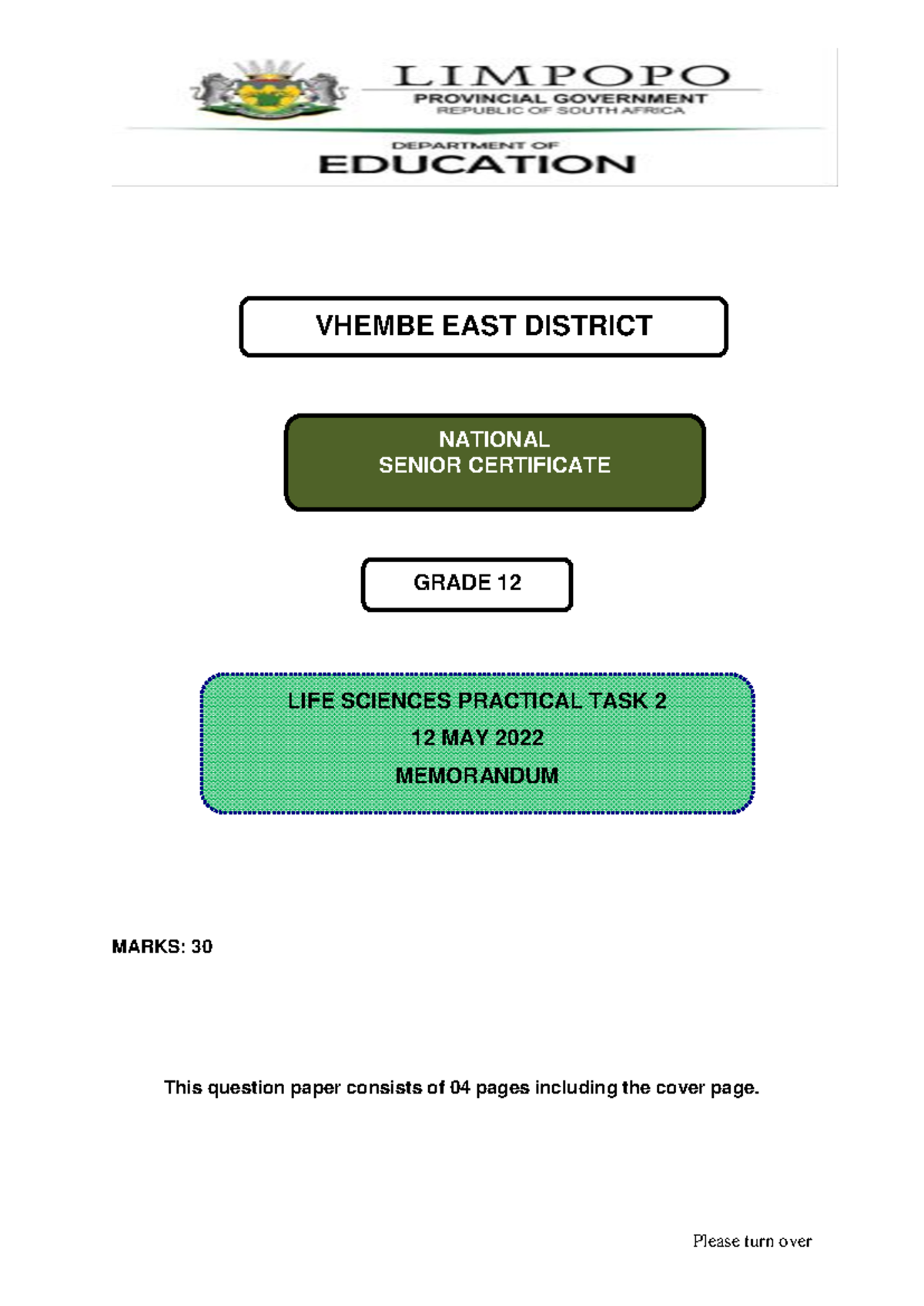 Revised LFSC Practical Task 2 Grade 12 2022 Memo - NSC MARKS: 30 This question paper consists of ...