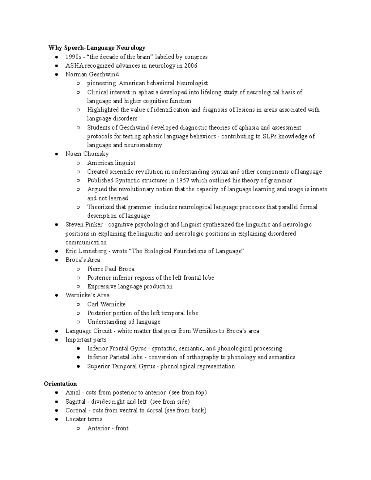 SLPA 453 Unit 1 Notes - Why Speech-Language Neurology 1990s - “the ...