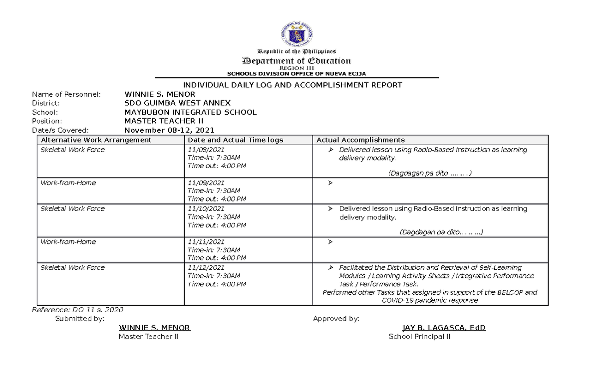 TEAM A IWAR Template for teachers - INDIVIDUAL DAILY LOG AND ...