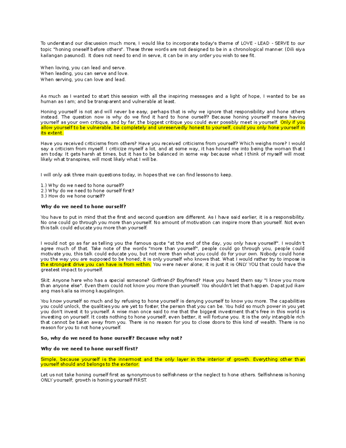 Main Talk - For self improvement - To understand our discussion much ...