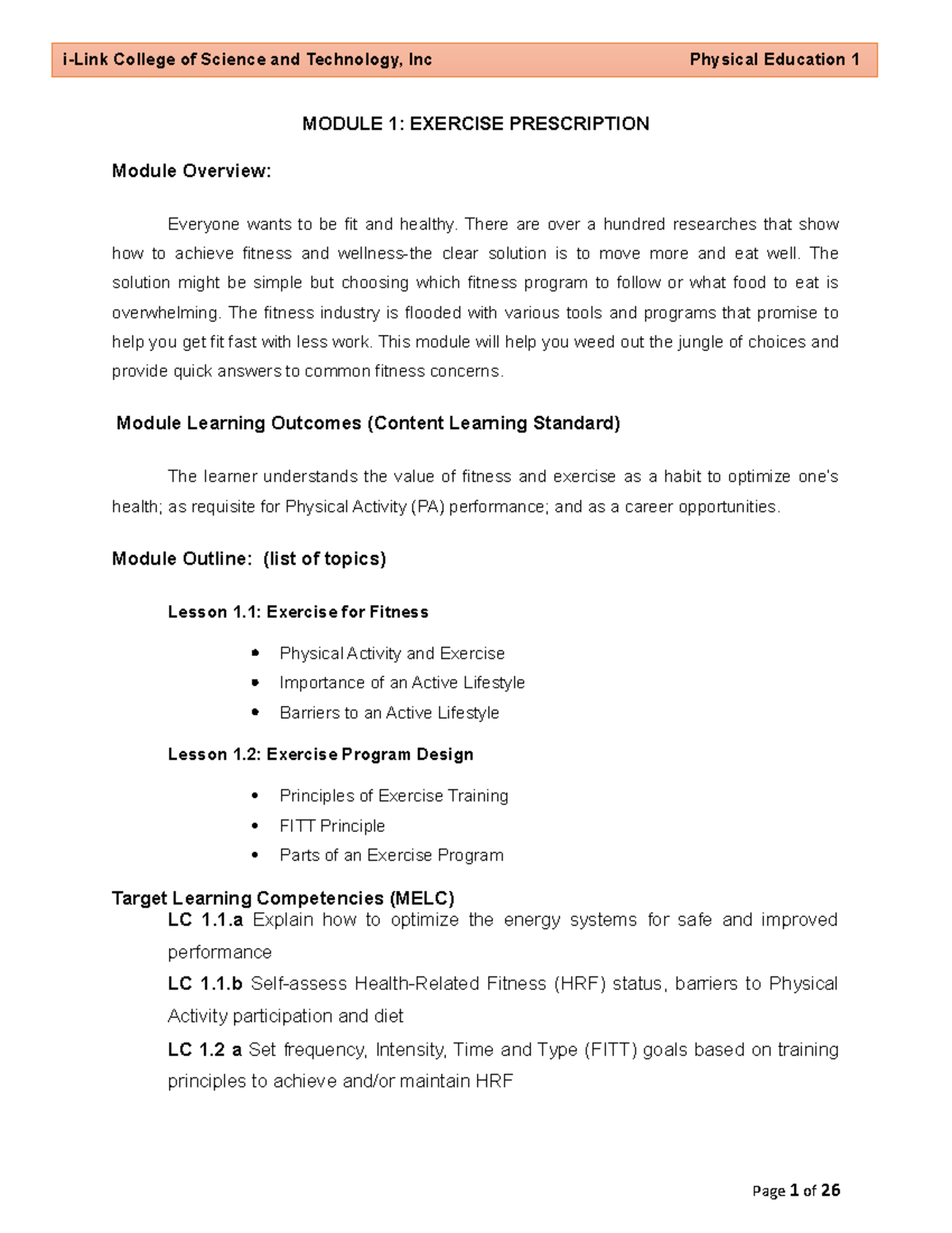 Module 1 P.E 11 - nothing - MODULE 1: EXERCISE PRESCRIPTION Module ...
