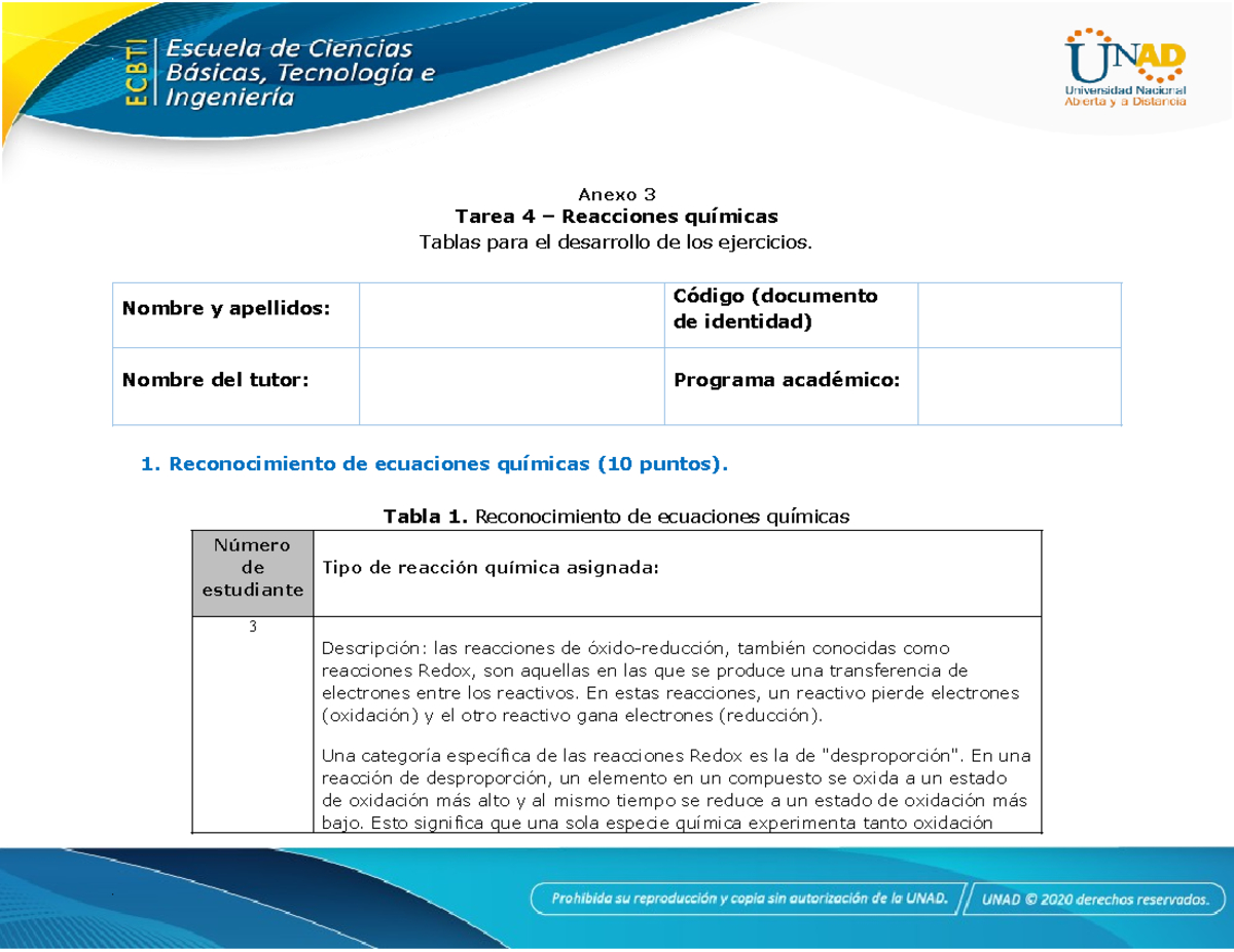 Anexo 3 leidis jimenez - Anexo 3 Tarea 4 – Reacciones químicas Tablas para el desarrollo de los ...