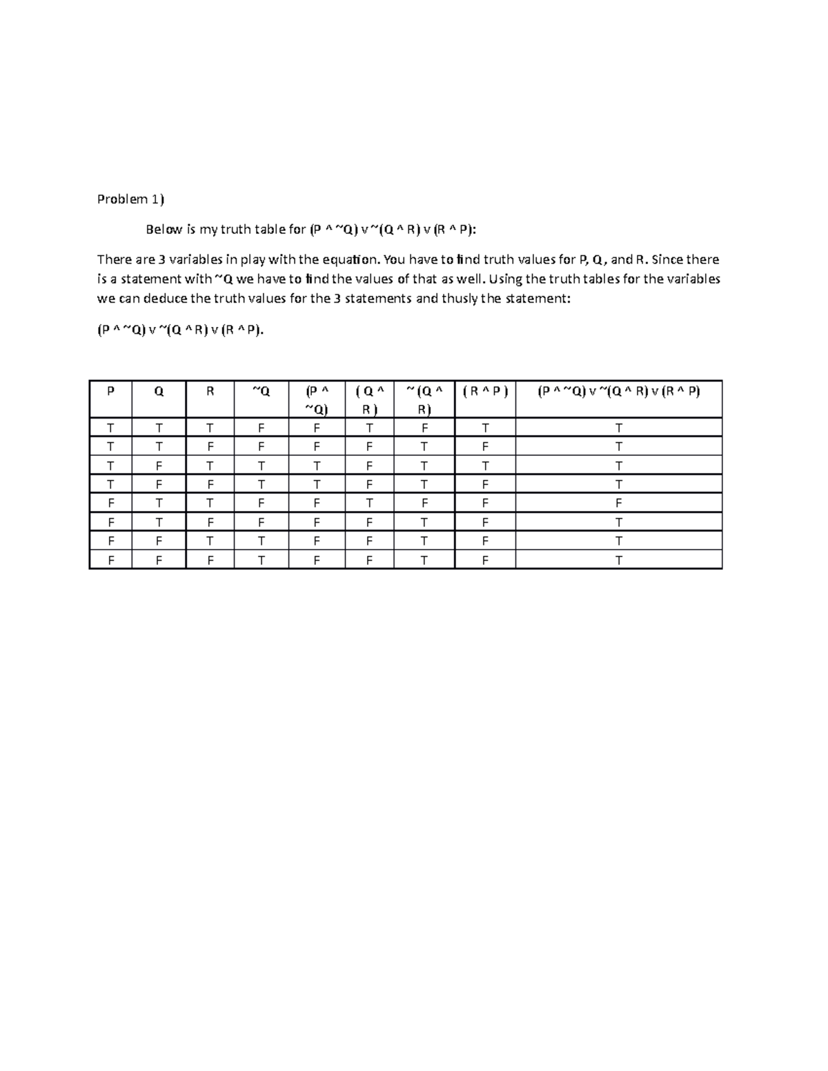 Discrete Math Unit 3 Written Assignment - Problem 1) Below is my truth ...