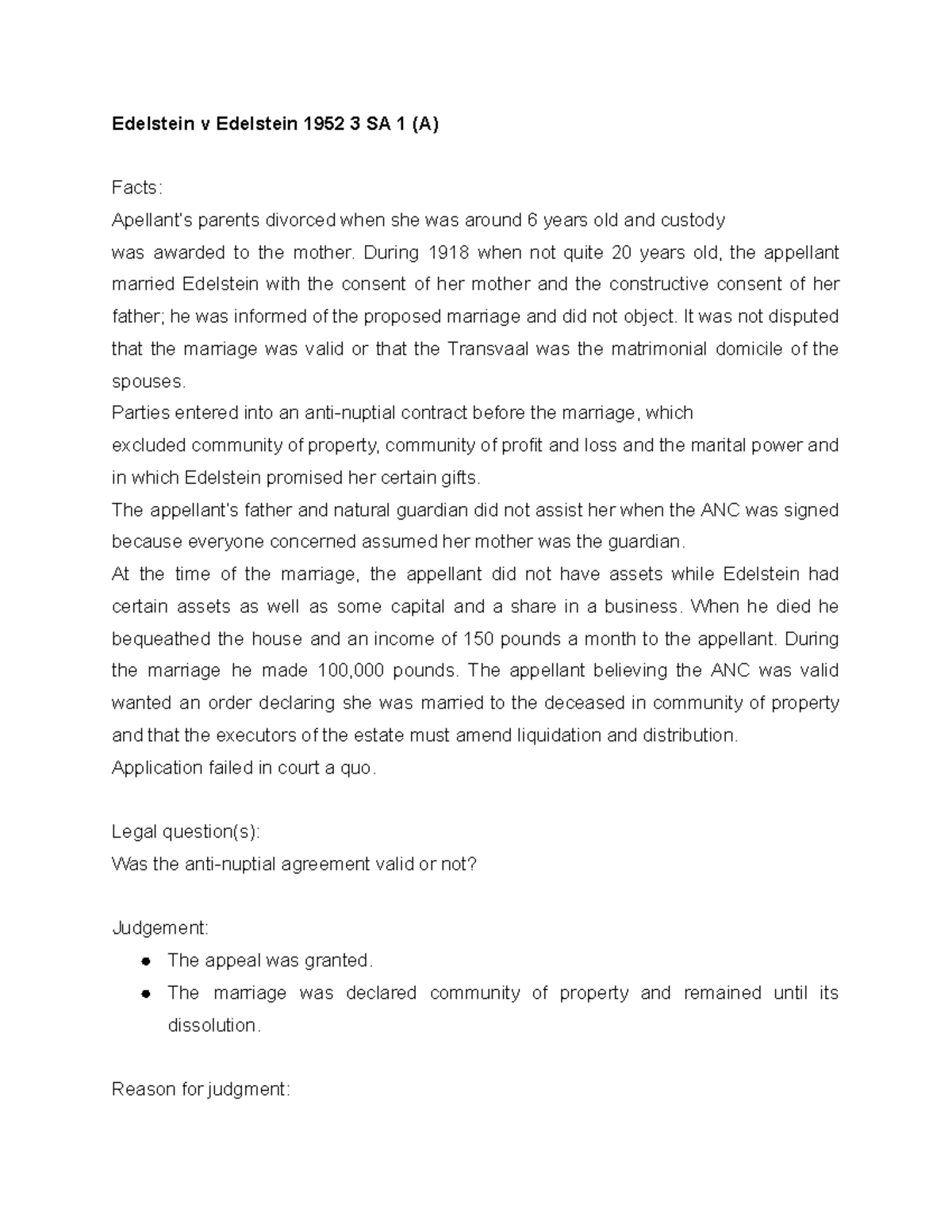 Intro to law case summaries - Edelstein v Edelstein 1952 3 SA 1 (A ...