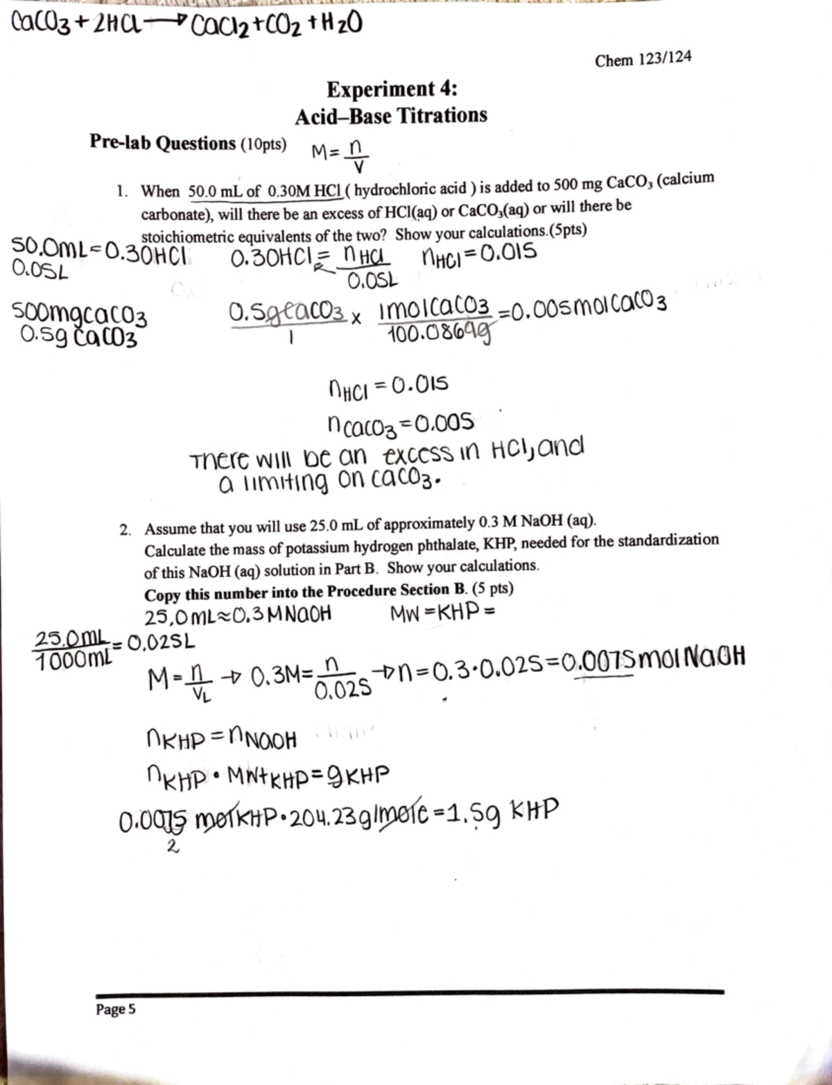 Experiment 4 Acid Base Titration(1) (1) - Chem 123/ Experiment 4: Acid-Base Titrations Pre-lab ...
