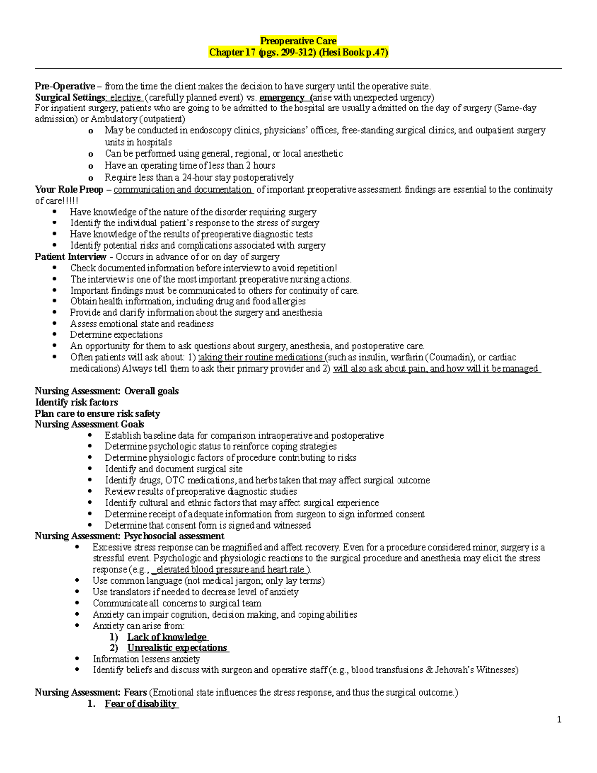 Pre, Intra, Post - Op Student COPY Revised (1) - Preoperative Care ...