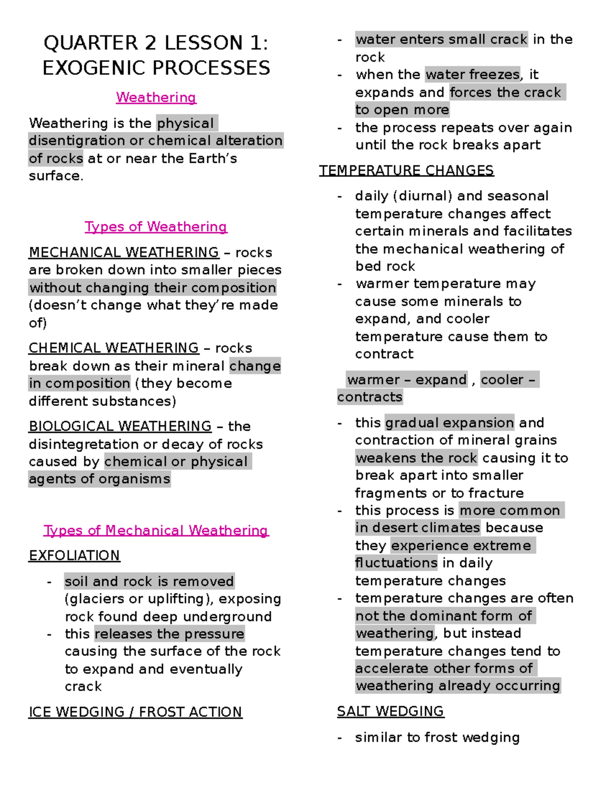 NOTES IN EARTH SCIENCE - QUARTER 2 LESSON 1: EXOGENIC PROCESSES ...