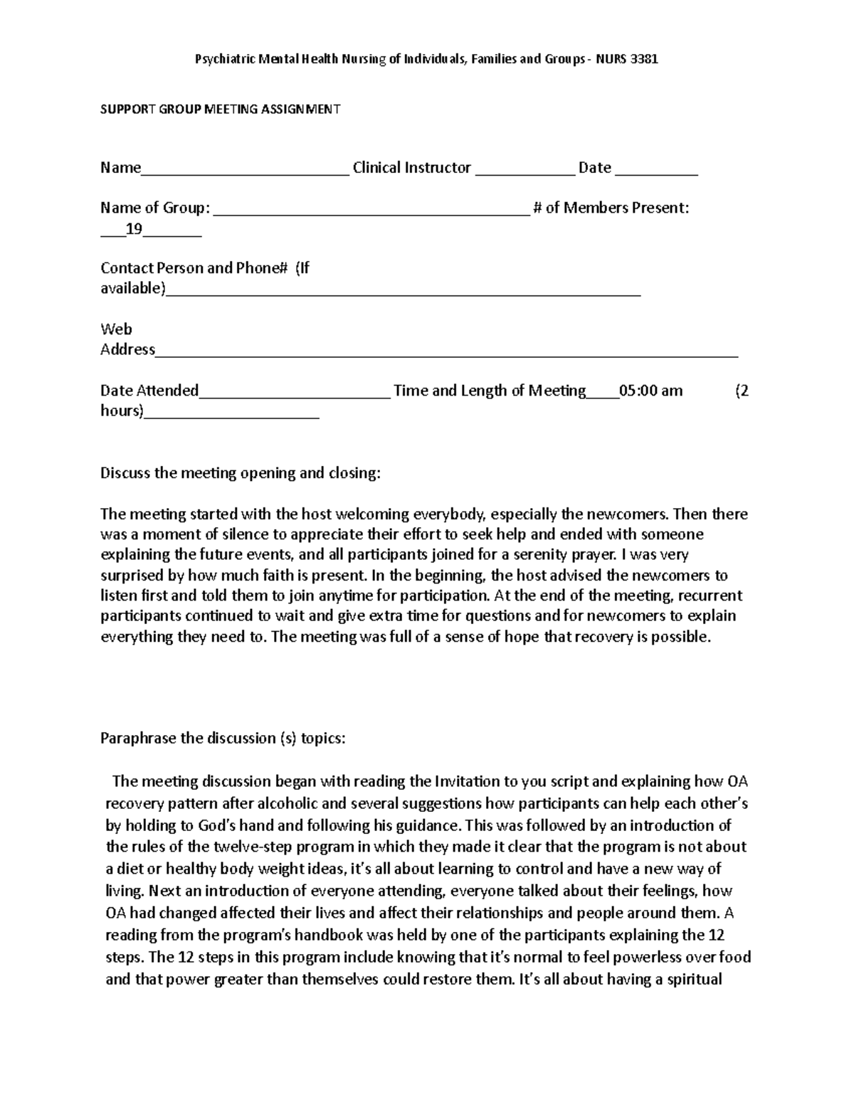 Support Group Meeting Report 1OA copy - Psychiatric Mental Health ...