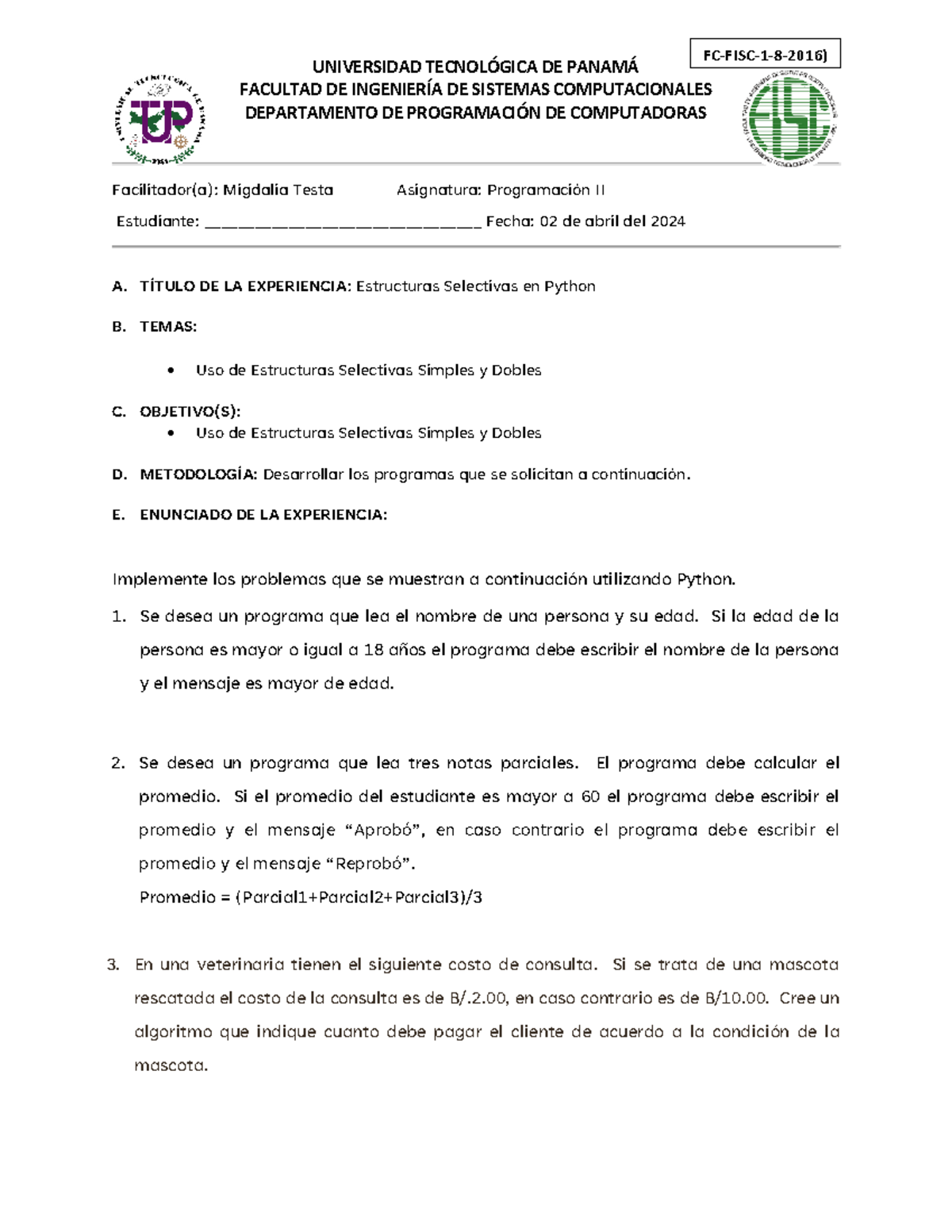 Practica No - asfasdf - UNIVERSIDAD TECNOLÓGICA DE PANAMÁ FACULTAD DE ...